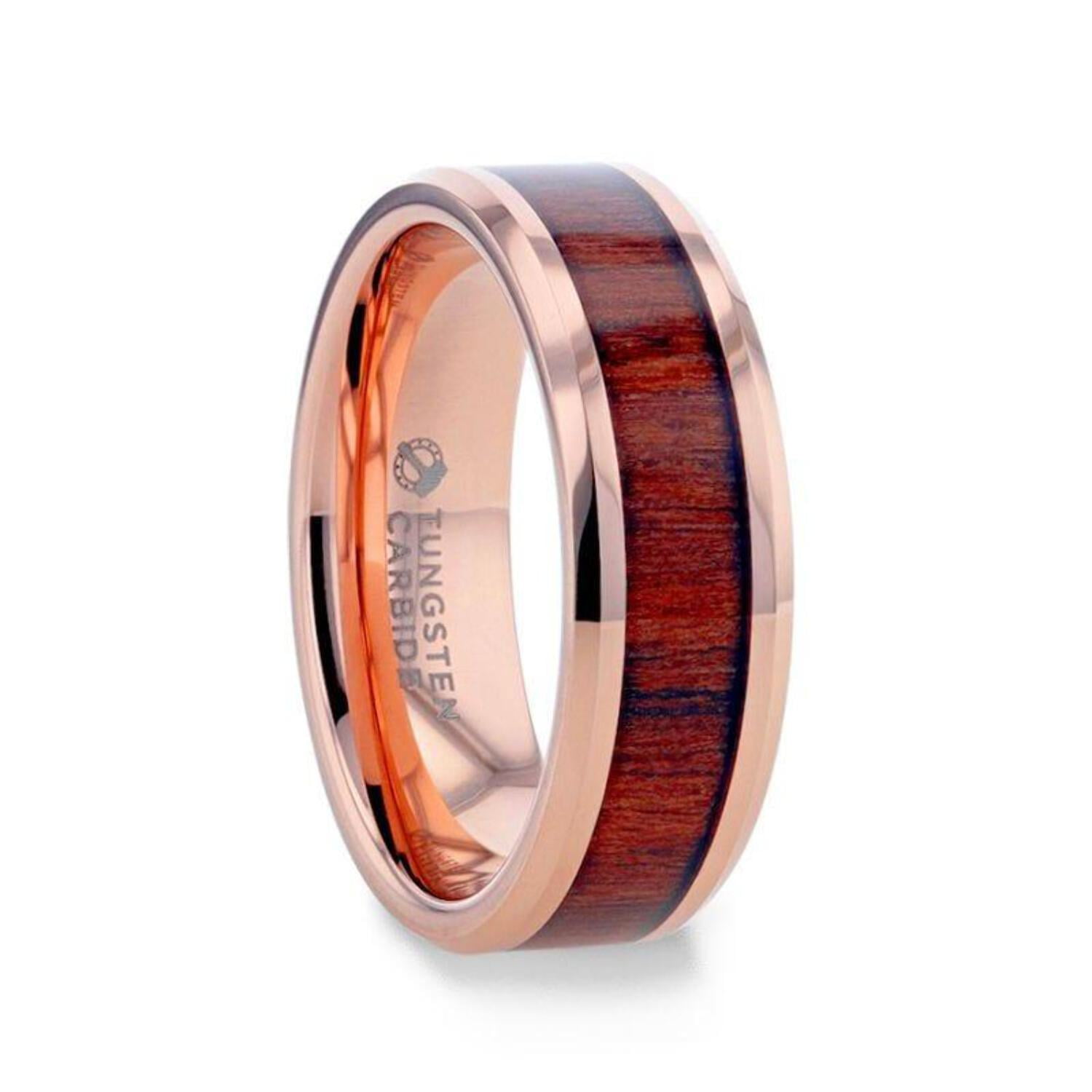 DYLAN Rose Gold Plated Koa Wood Inlaid Tungsten Men's Wedding Band With ...