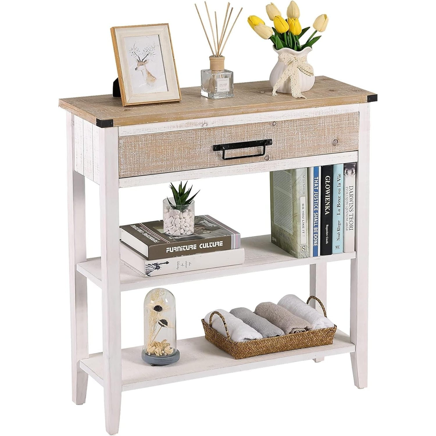 DYLP Farmhouse Console Table with Drawer, 3-Tier Rustic Entryway Table ...