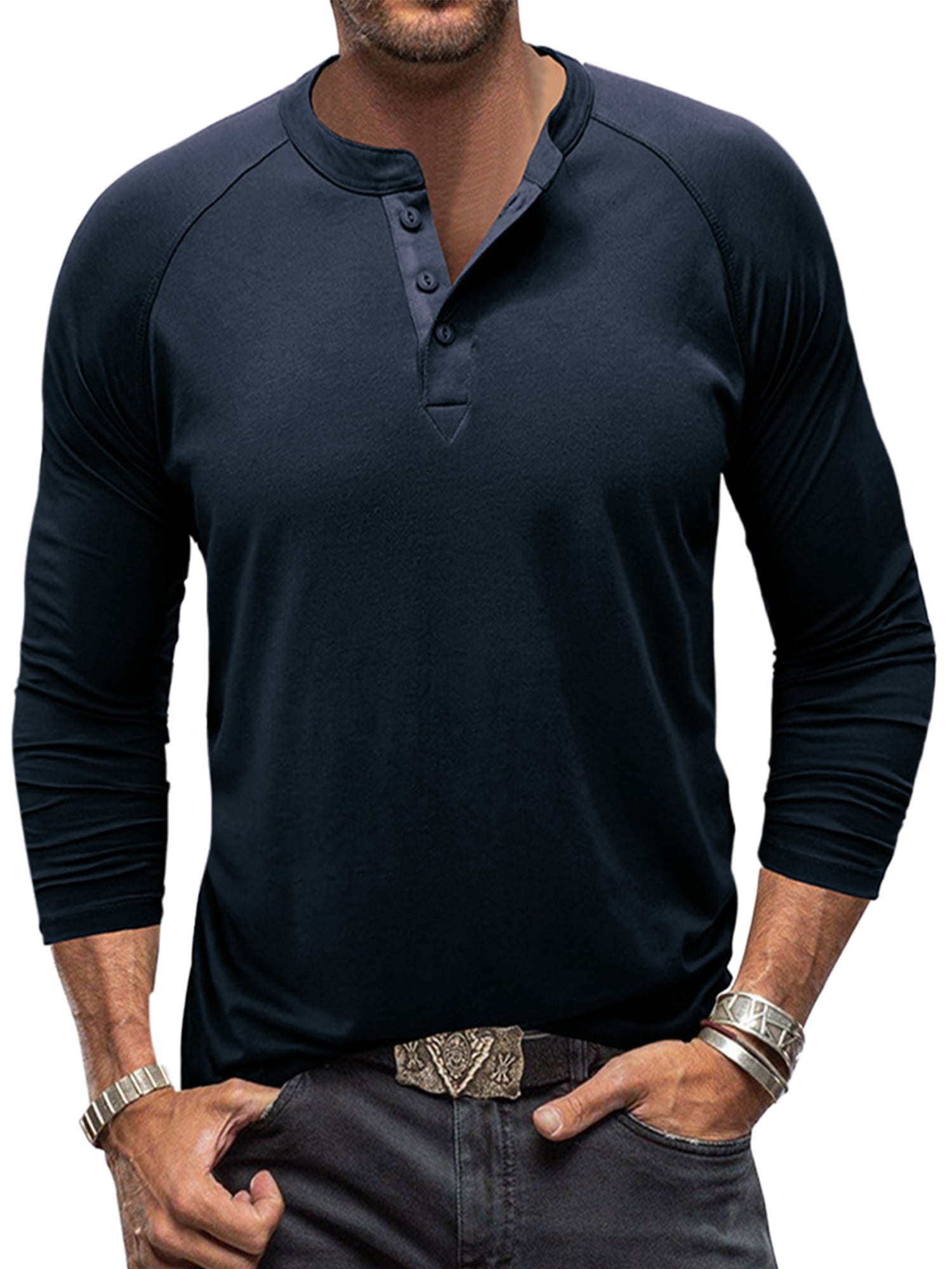 DYMADE Men Casual Button Henley Tops Round Neck Long Sleeve Button Pullover T-Shirt - Walmart.com