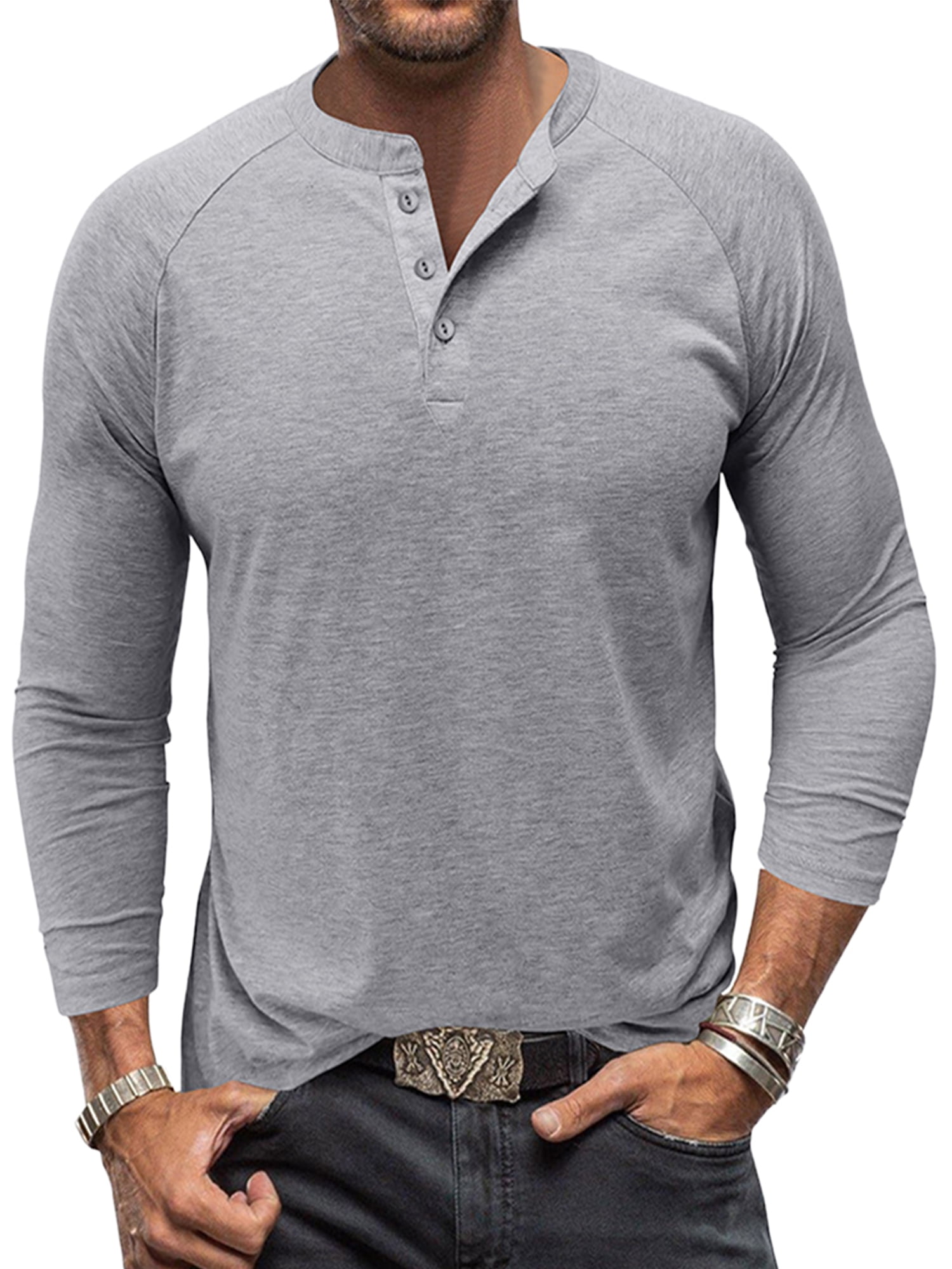 DYMADE Men Casual Button Henley Tops Round Neck Long Sleeve Button Pullover T-Shirt - Walmart.com