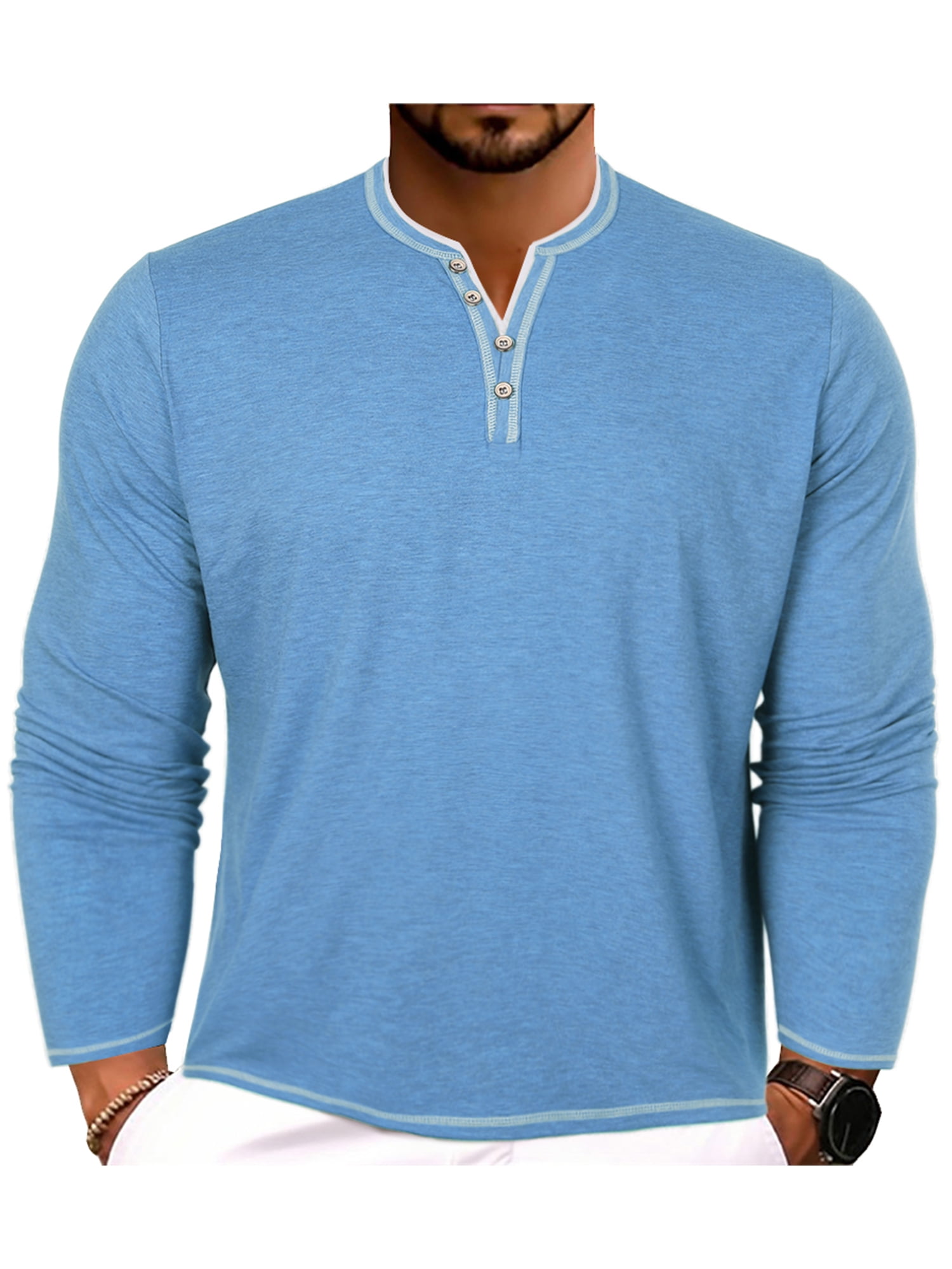 DYMADE Men Casual Button Henley Tops V-Neck Long Sleeve Button Pullover T-Shirt - Walmart.com