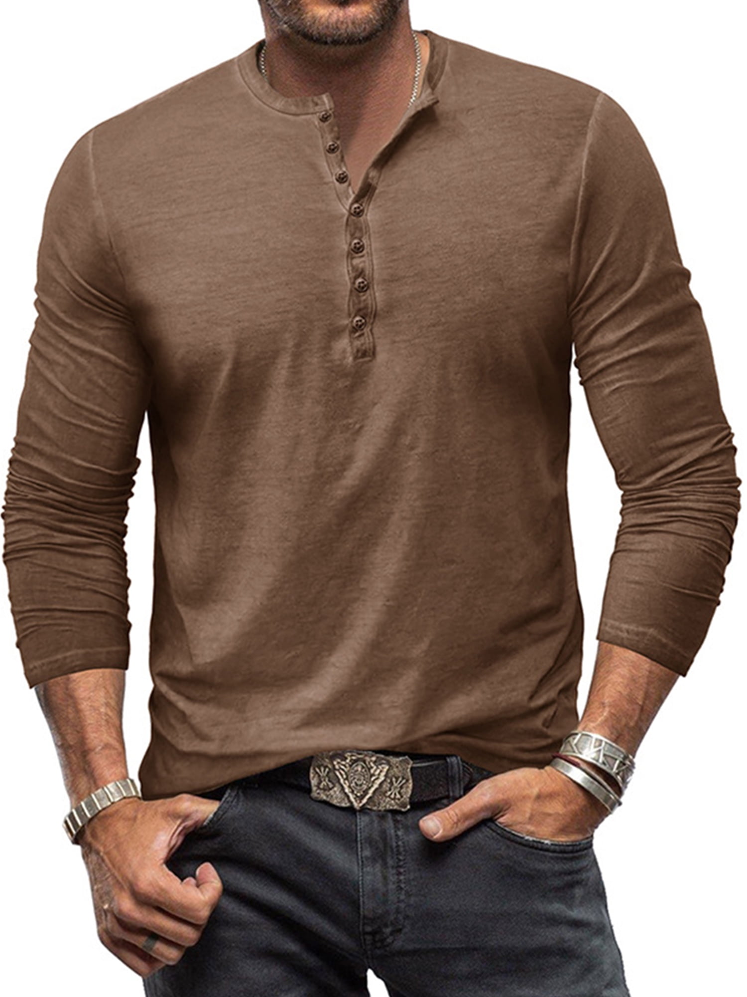 DYMADE Men Casual Long Sleeve Button Collar Henley Shirt Top - Walmart.com