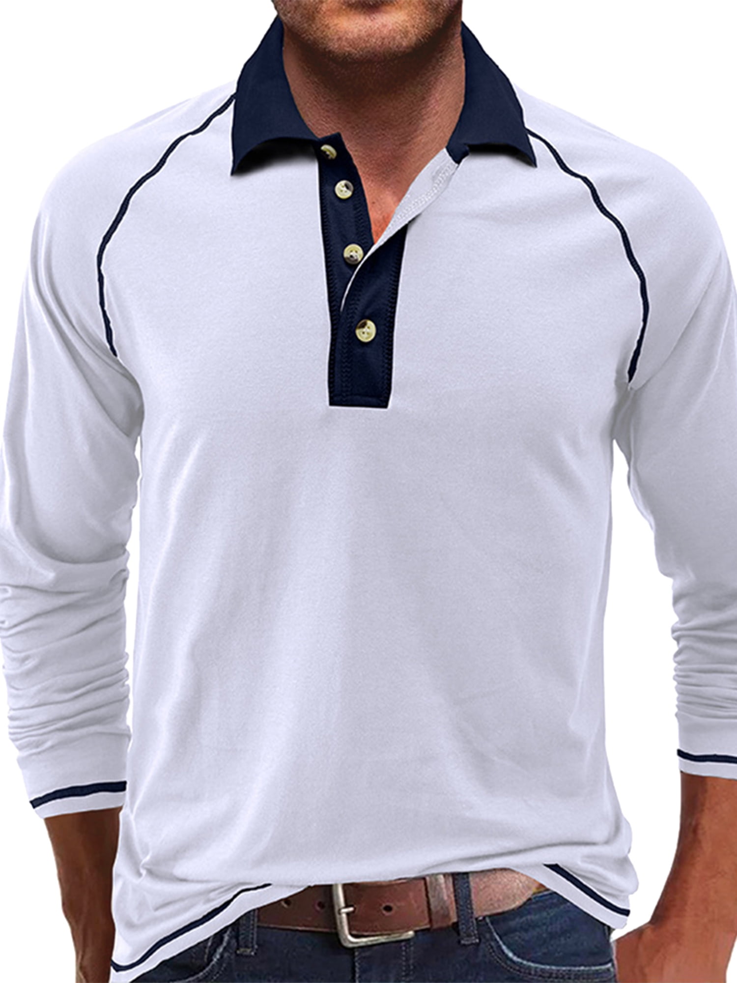 DYMADE Men Henley Tops Classic Fit Solid Long Sleeve Turn-down Collar Button Pullover T-Shirt ...