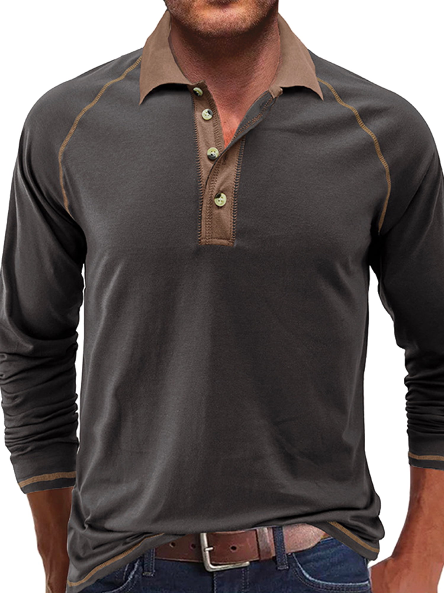DYMADE Men Henley Tops Classic Fit Solid Long Sleeve Turn-down Collar Button Pullover T-Shirt ...