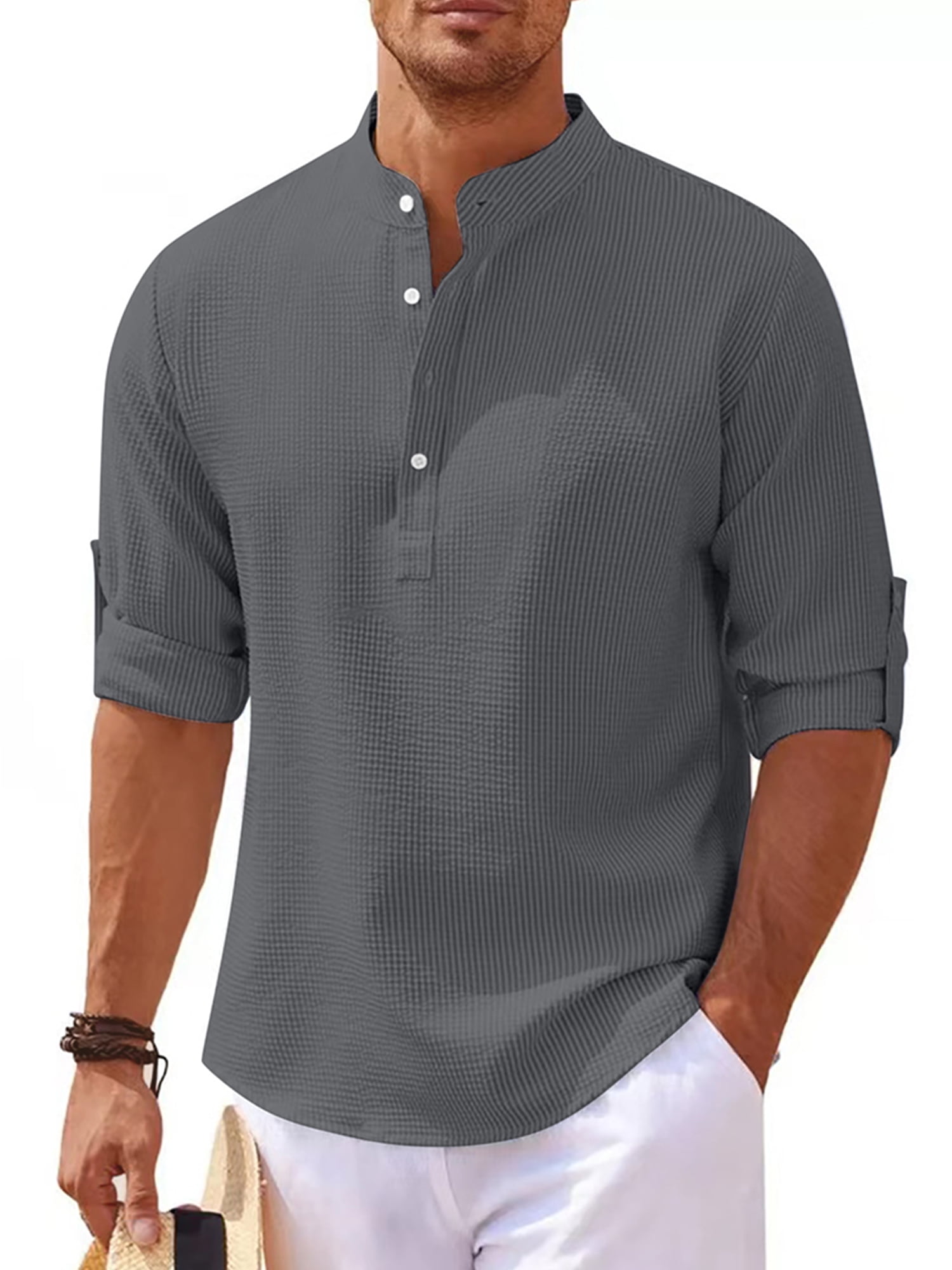 DYMADE Men Long Sleeve Rollable Sleeves Stand-Up Collar Long Sleeve Button Pullover T-Shirt ...