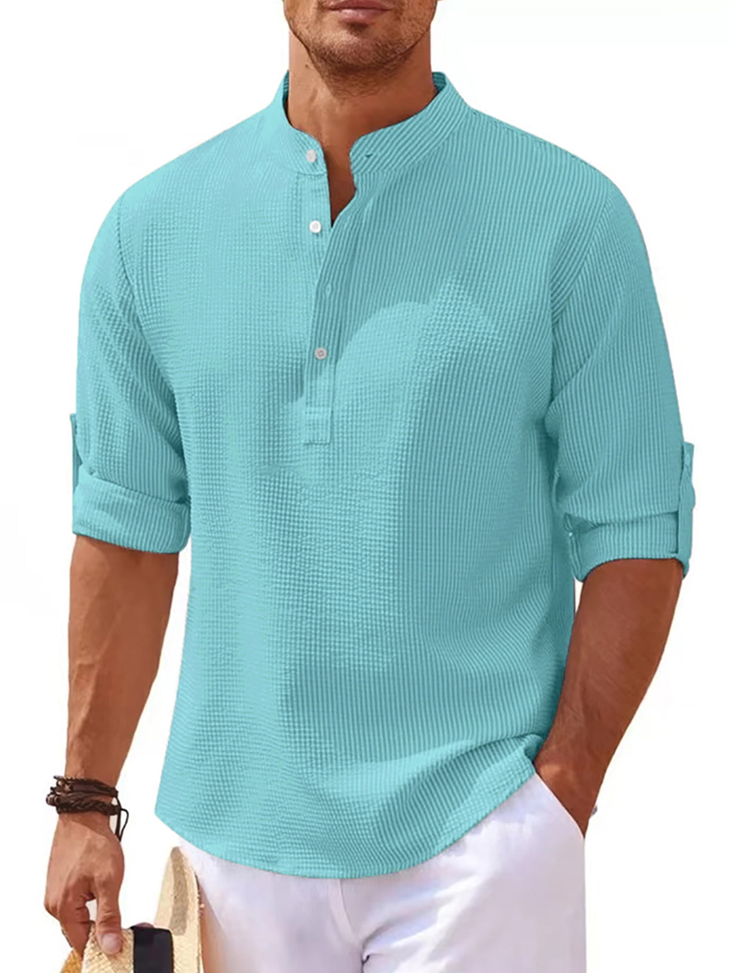 DYMADE Men Long Sleeve Rollable Sleeves Stand-Up Collar Long Sleeve Button Pullover T-Shirt ...