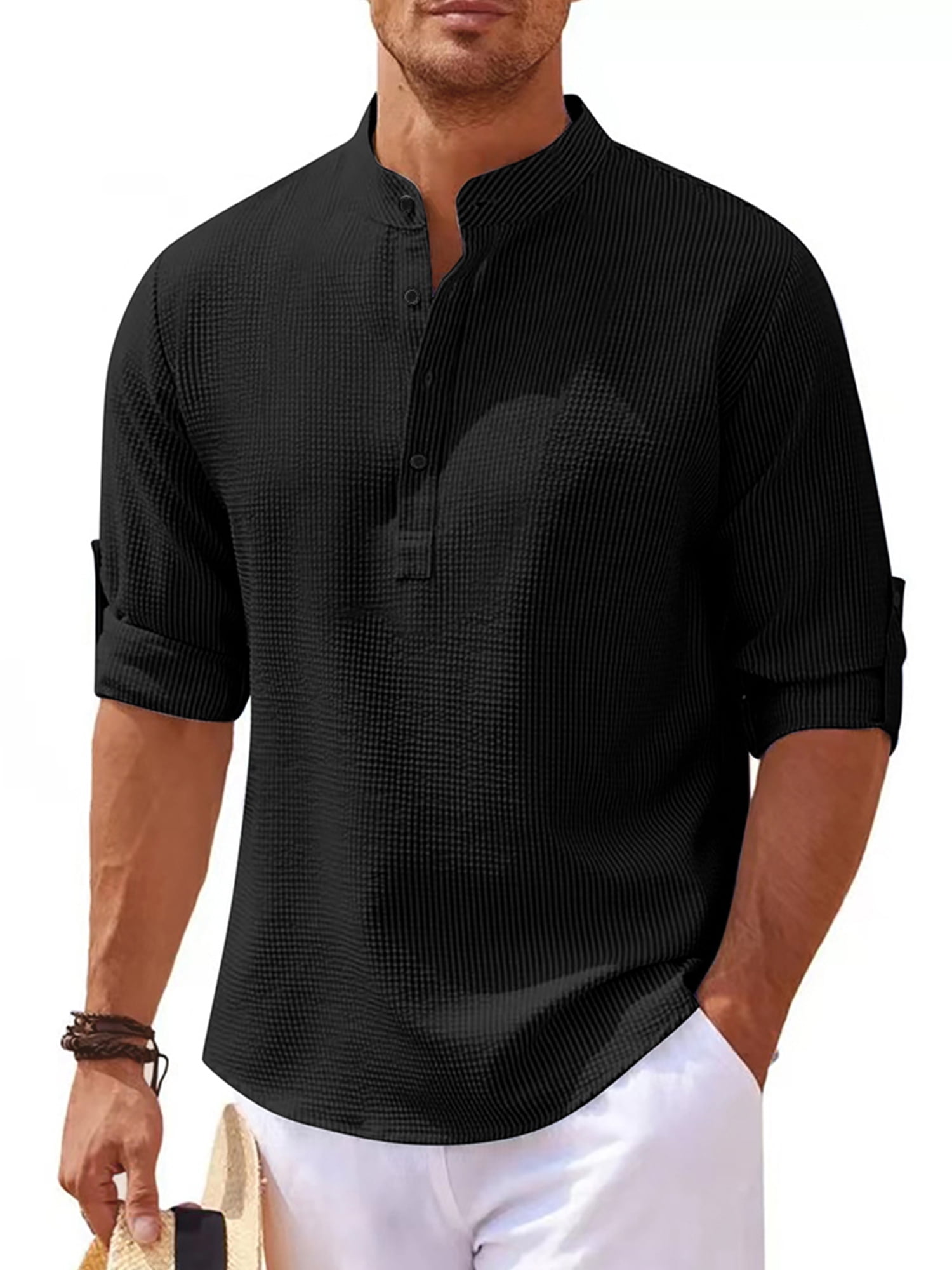 DYMADE Men Long Sleeve Rollable Sleeves Stand-Up Collar Long Sleeve Button Pullover T-Shirt ...