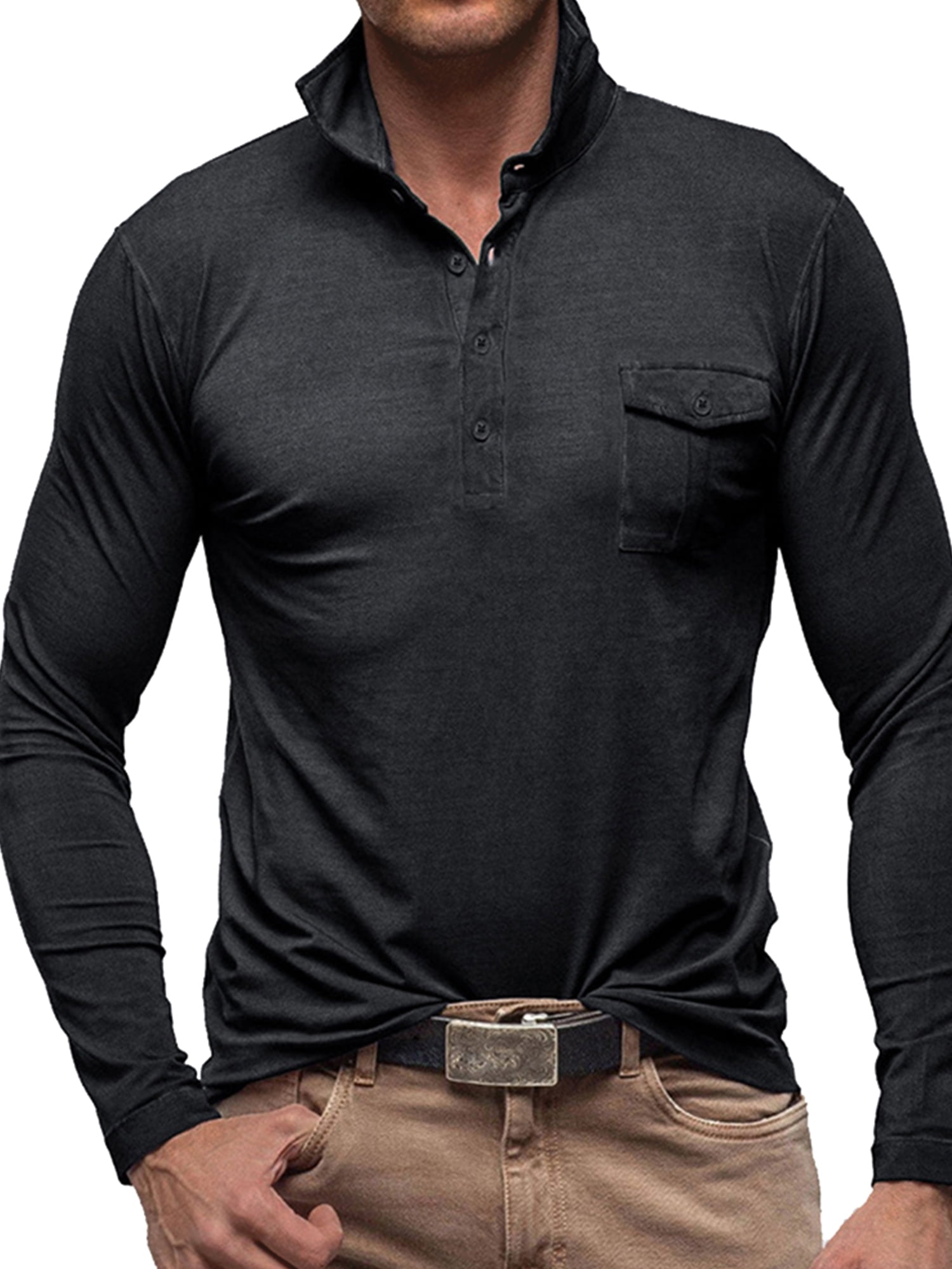 DYMADE Men Solid Long Sleeve Turn-down Collar Pocket Button Pullover T ...