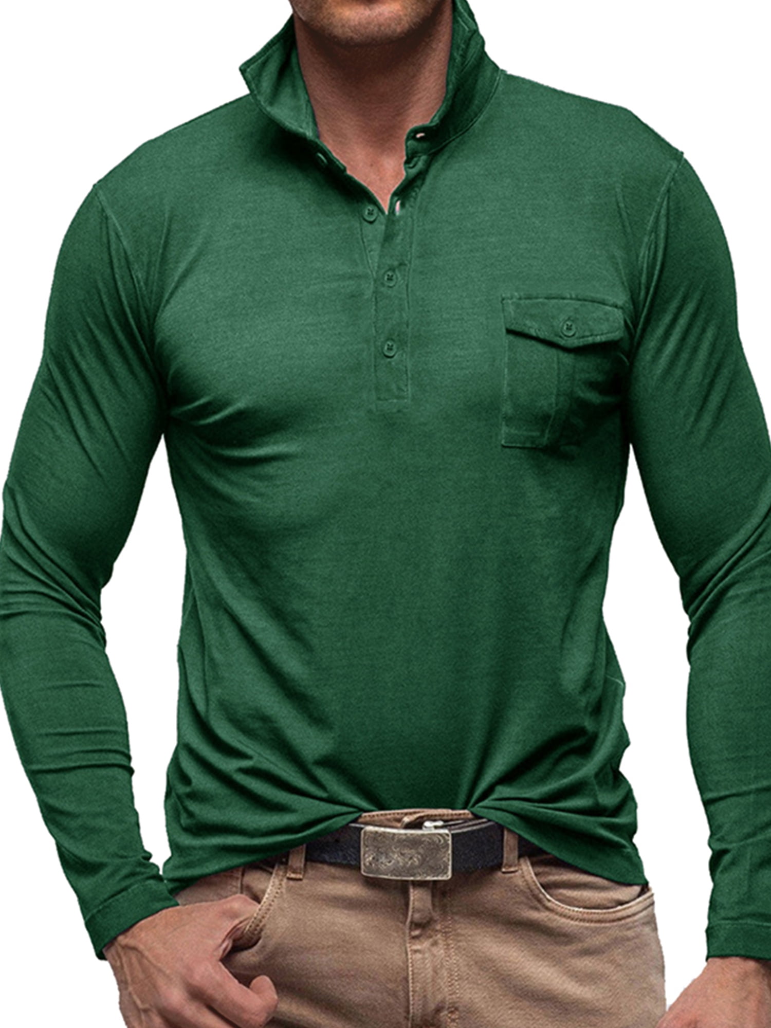 DYMADE Men Solid Long Sleeve Turn-down Collar Pocket Button Pullover T-Shirt Henley Tops ...