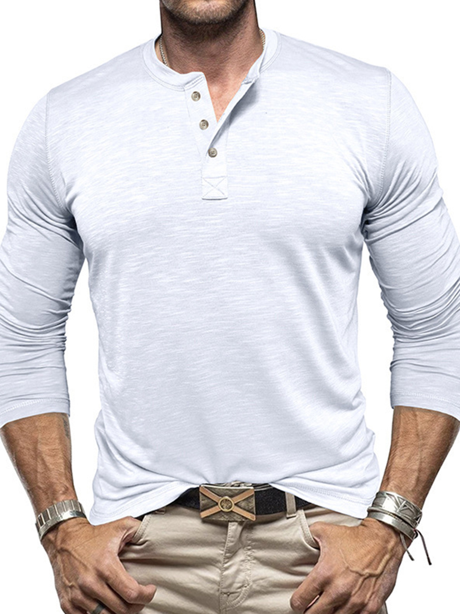 DYMADE Men Solid Round Neck Long Sleeve Slim Fit Button Casual Pullover T-Shirt Henley Tops ...