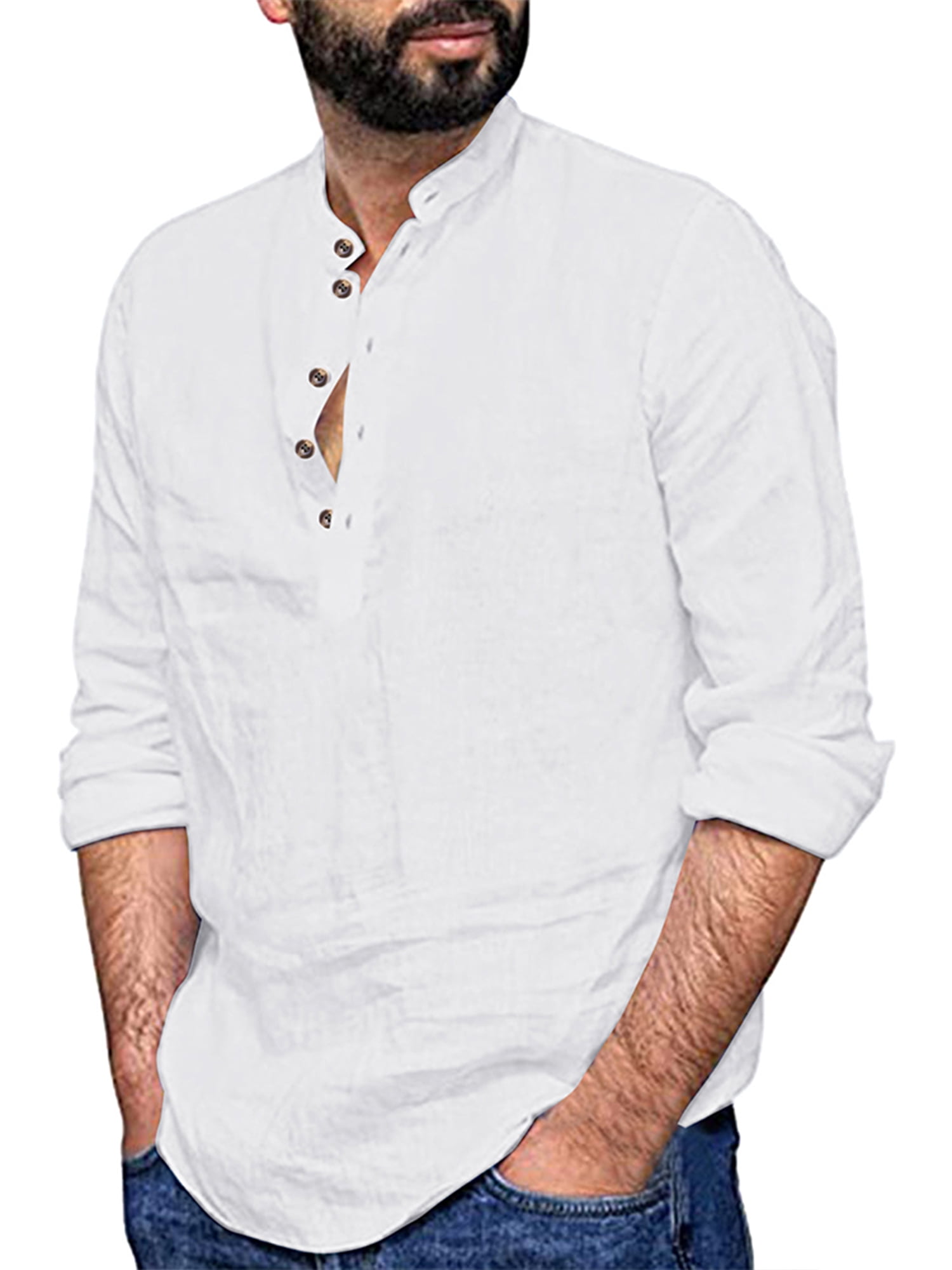 DYMADE Men Summer Linen Shirts Button Collar Long Sleeve Henley Blouse - Walmart.com