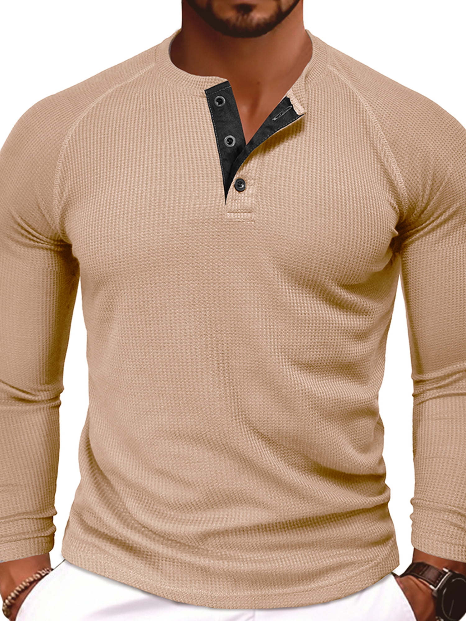 DYMADE Men Waffle Long Sleeve Turn-down Collar Button Pullover T-Shirt Henley Tops - Walmart.com
