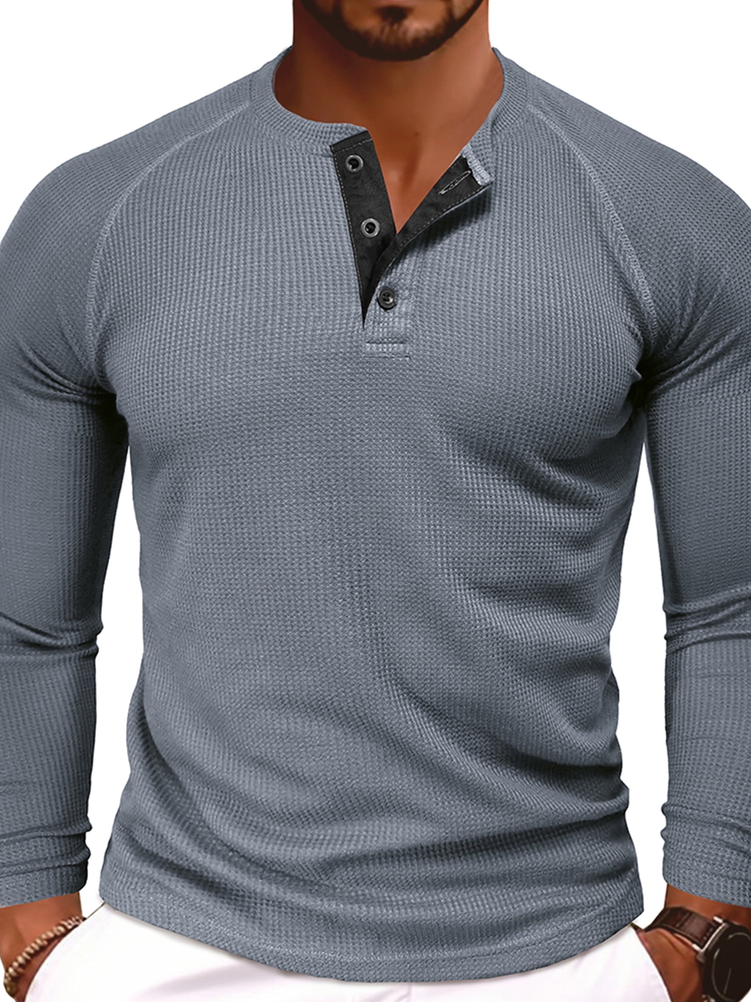 DYMADE Men Waffle Long Sleeve Turn-down Collar Button Pullover T-Shirt ...