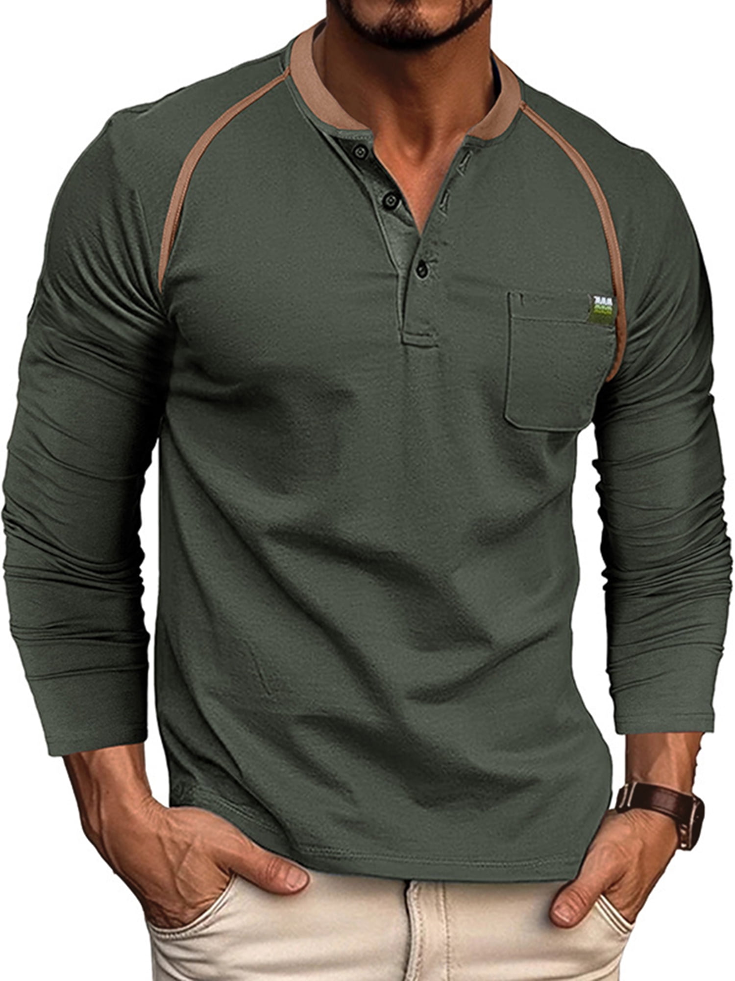 DYMADE Men's Henley Long Sleeve Undershirts Color Block Slim Fit T ...