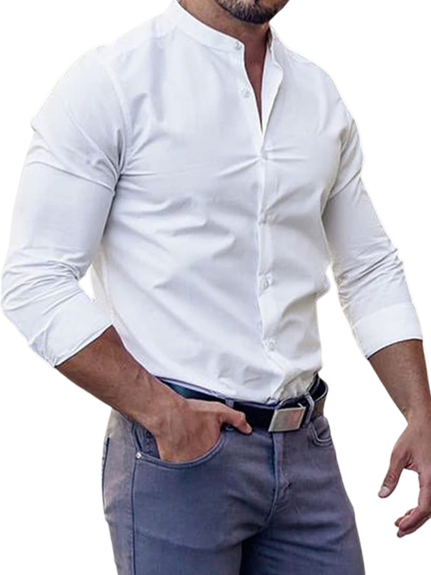 DYMADE Men's Muscle Dress Shirt Slim Fit Stretch Long Sleeve Casual Button-Down Shirt - Walmart.com