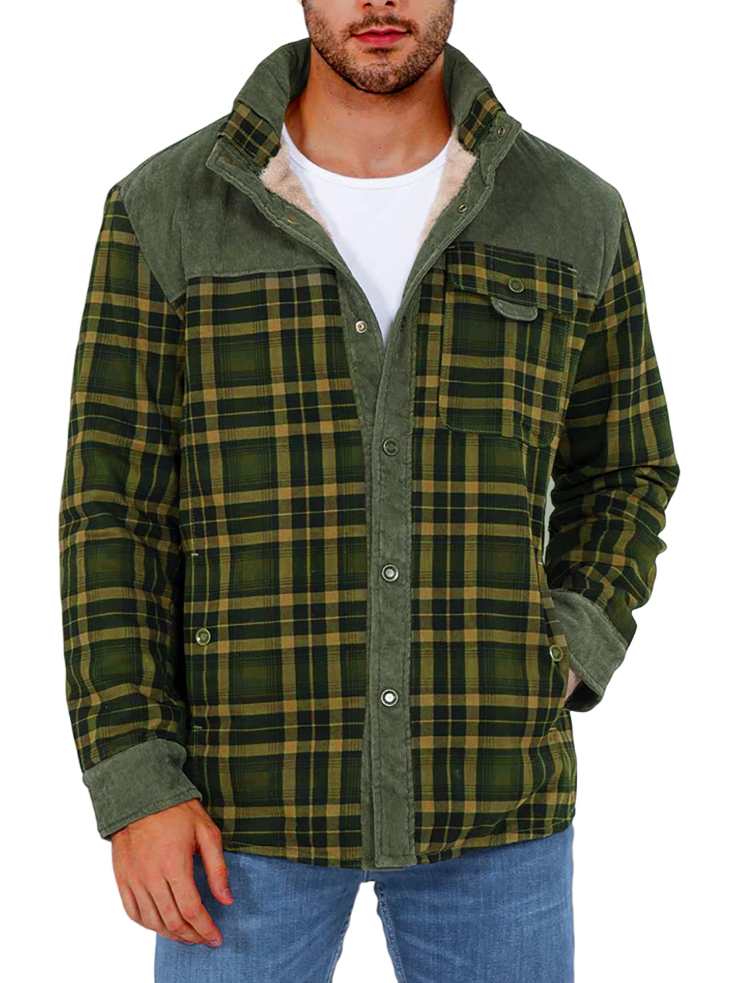 DYMADE Men's Winter Flannel Patchwork Check Lined Stand-Up Collar ...