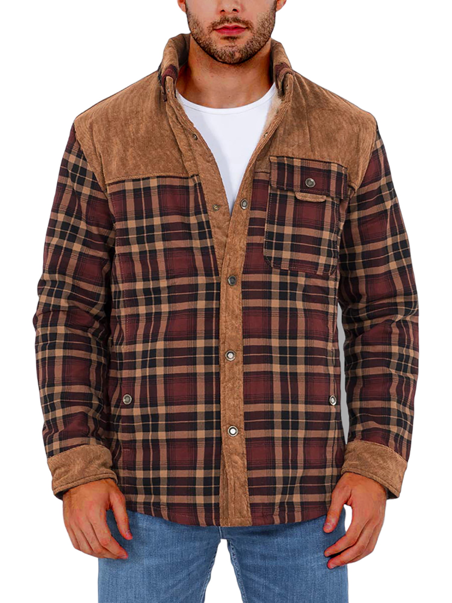 DYMADE Men's Winter Flannel Patchwork Check Lined Stand-Up Collar ...