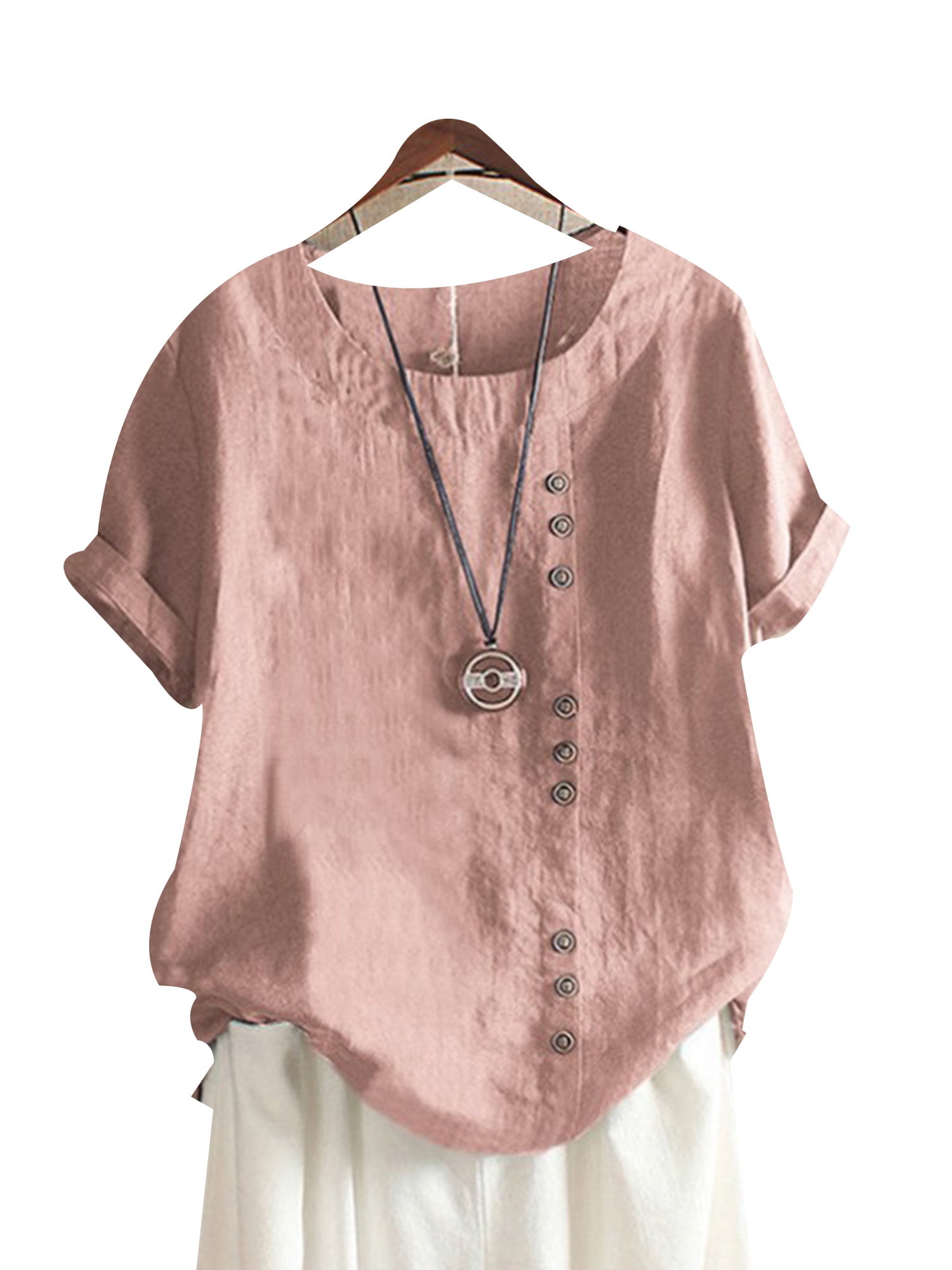 Dymade Plus Size Women Short Sleeve Cotton Linen O Neck Blouse Top