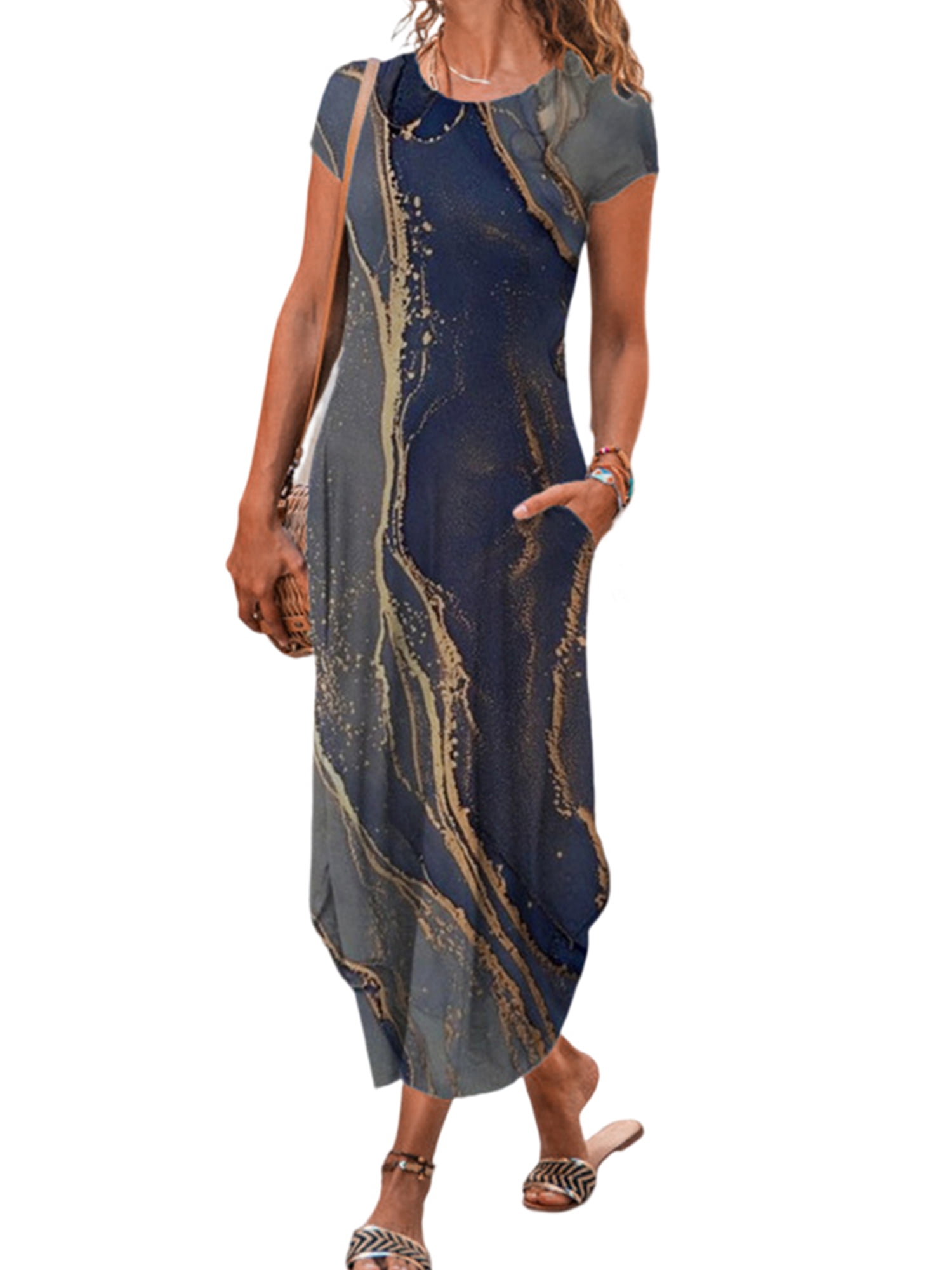 DYMADE Retro Pockets Frock Short Sleeve Midi Long Women Dress - Walmart.com