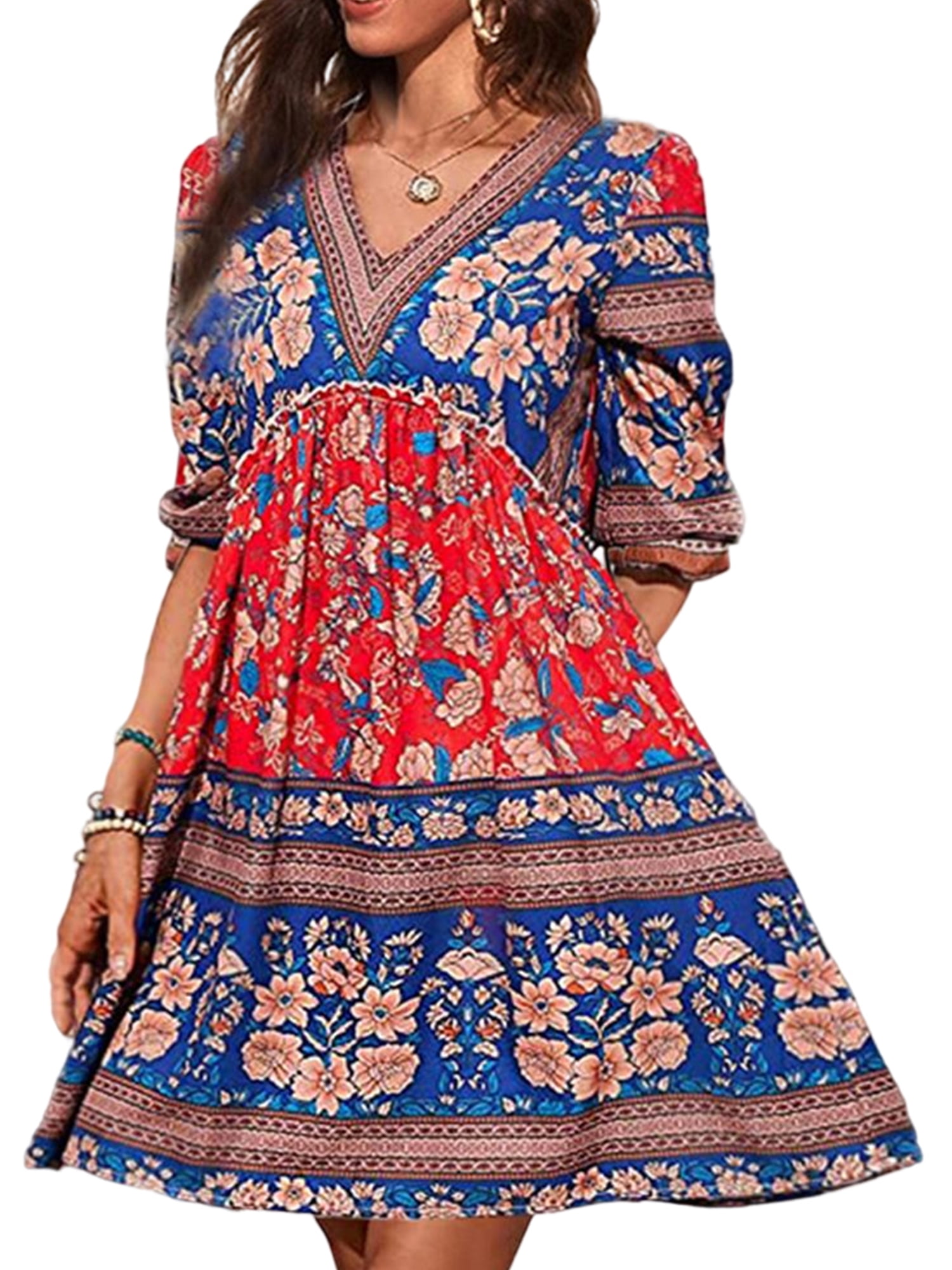 DYMADE Women Basic Pullover 3/4 Sleeve V-Neck Floral Print Midi Dress ...