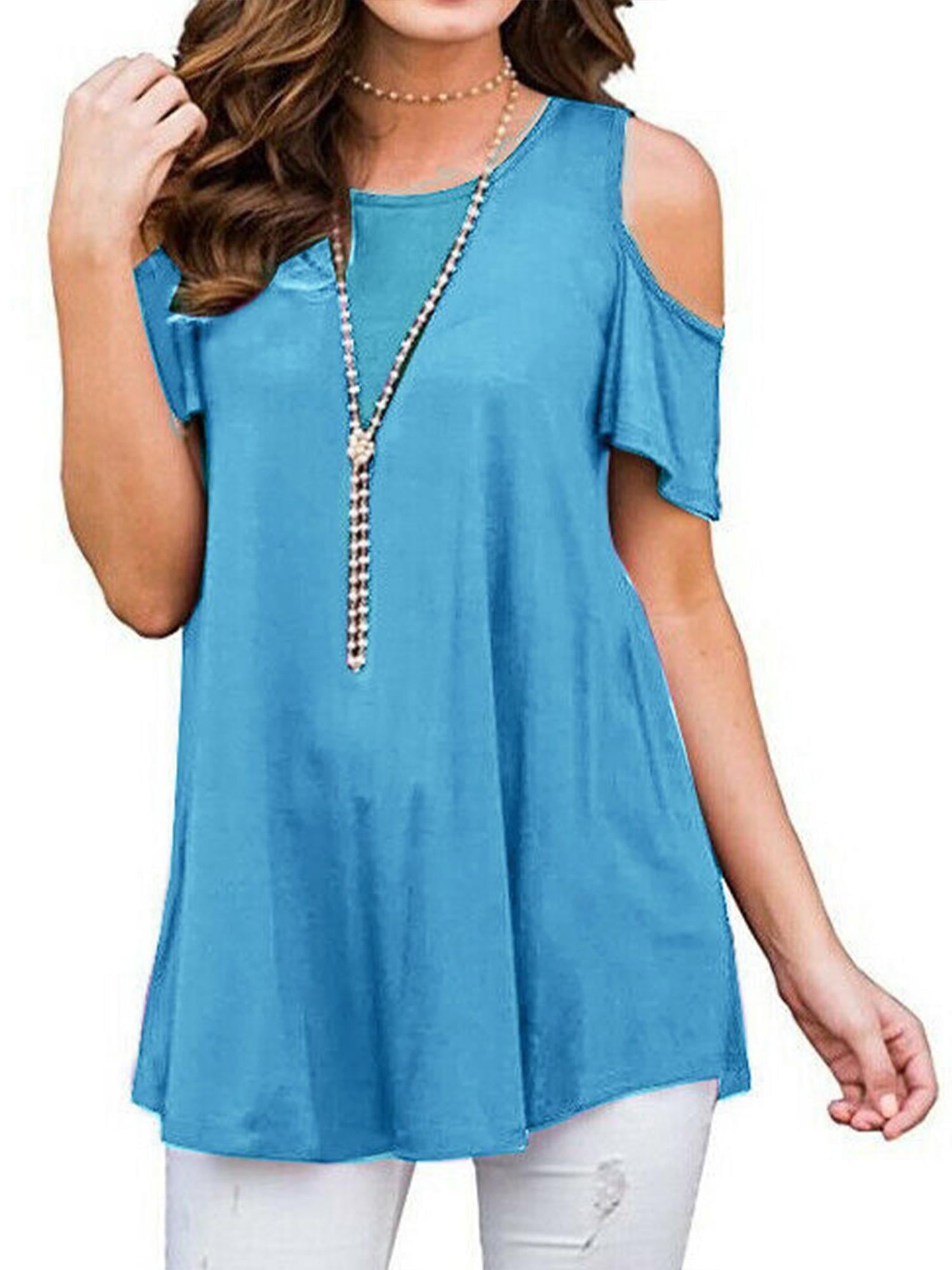 DYMADE Women Blouse Cold Shoulder Short Sleeve Swing Tunic Tops ...
