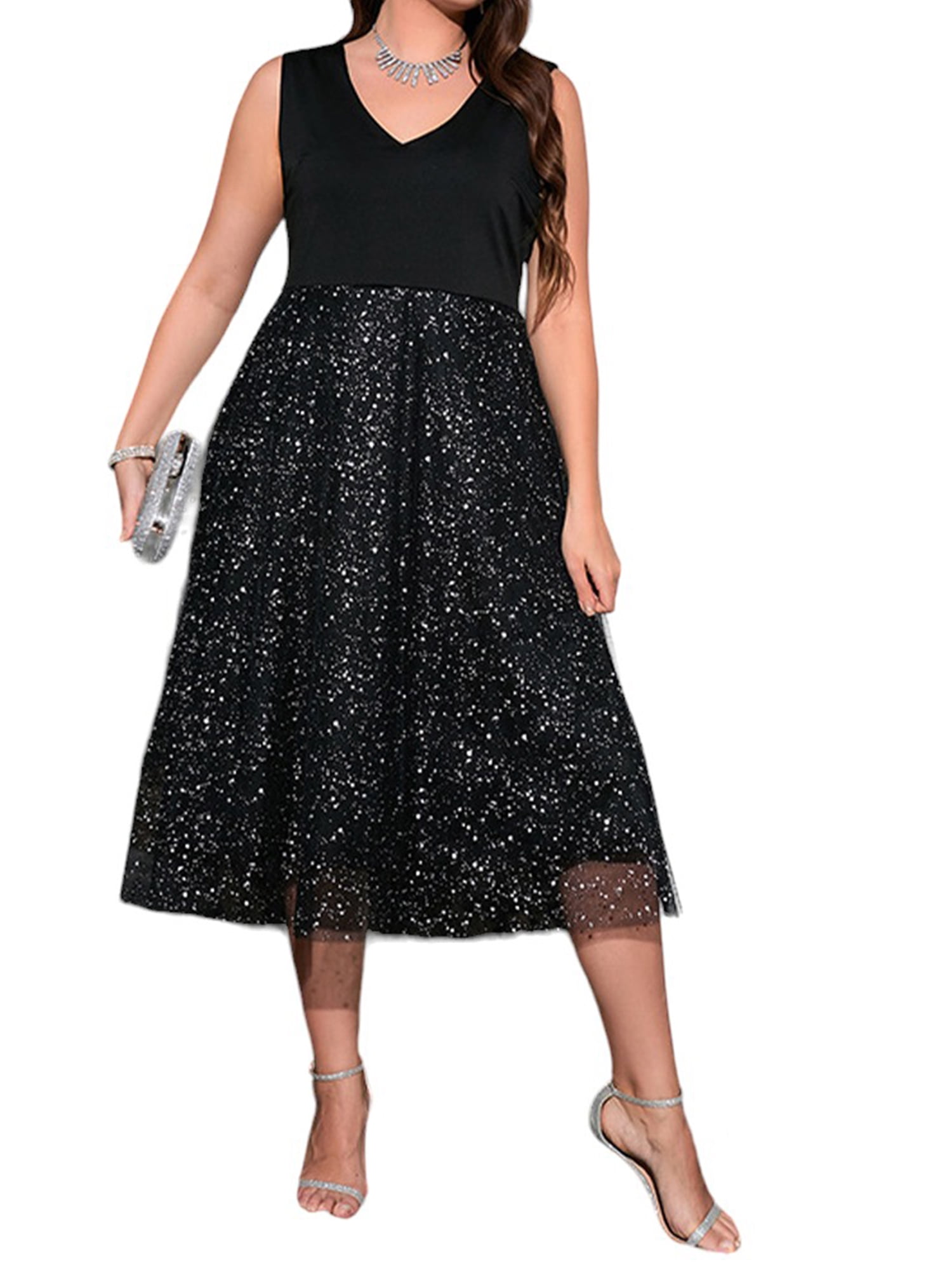 DYMADE Women Formal Party Cocktail Ball Gown Splicing Mesh Sleeveless V-Neck Elegant Tank Dress ...