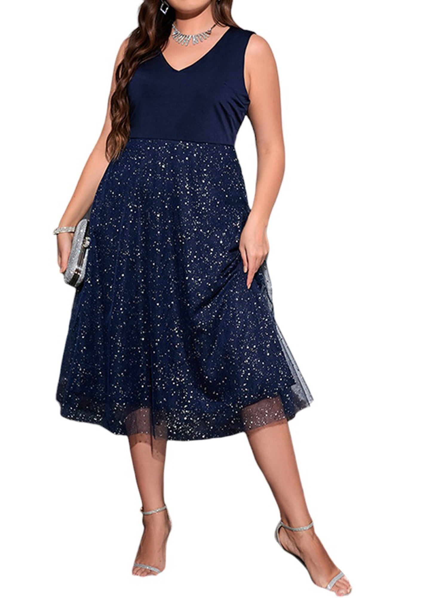 DYMADE Women Formal Party Cocktail Ball Gown Splicing Mesh Sleeveless V ...