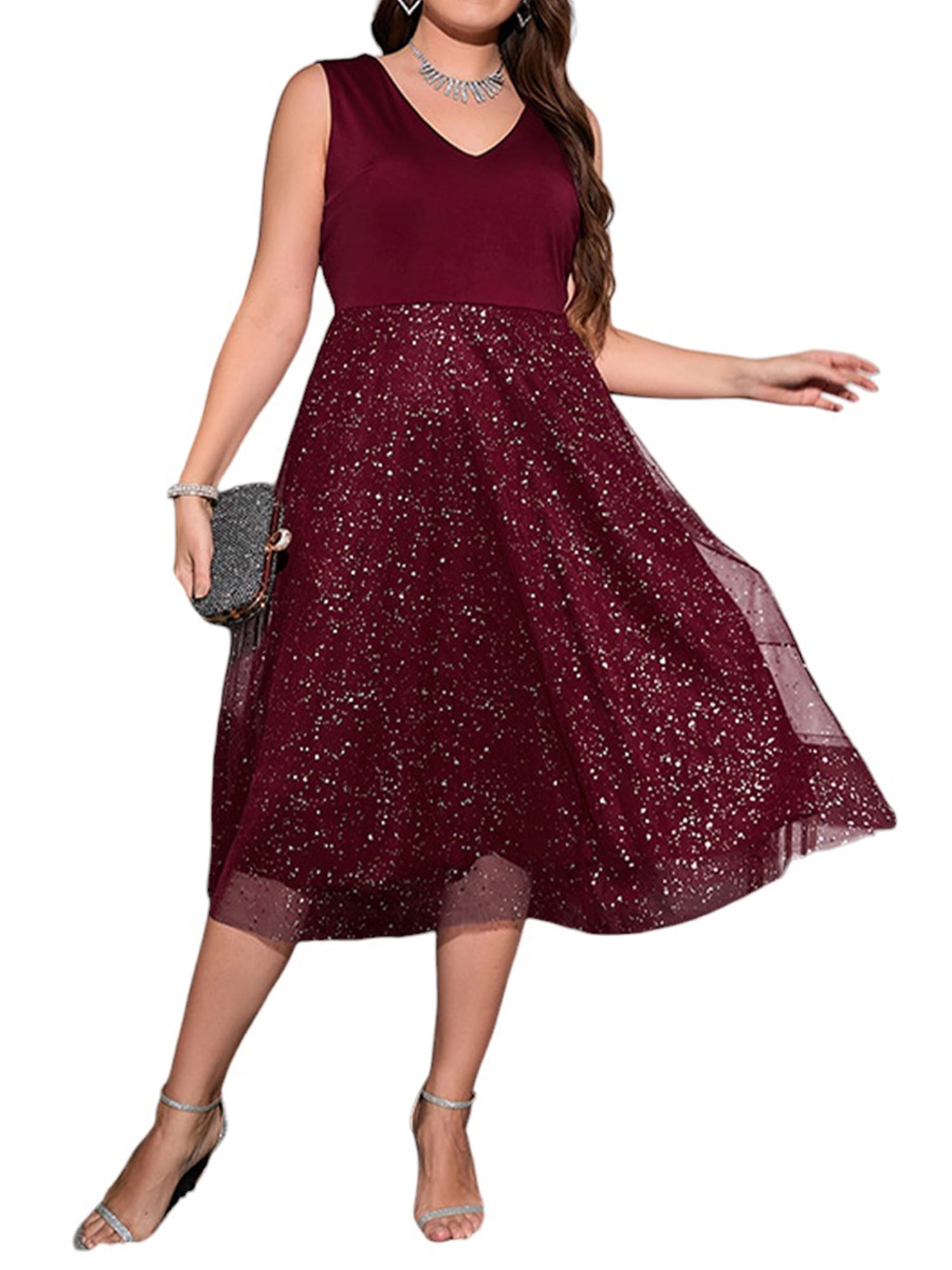 DYMADE Women Formal Party Cocktail Ball Gown Splicing Mesh Sleeveless V ...