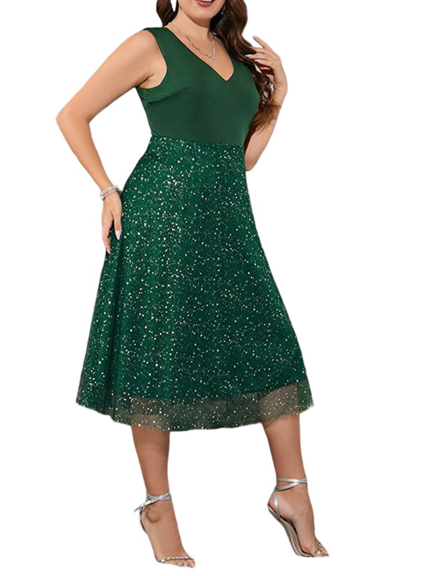 DYMADE Women Formal Party Cocktail Ball Gown Splicing Mesh Sleeveless V ...