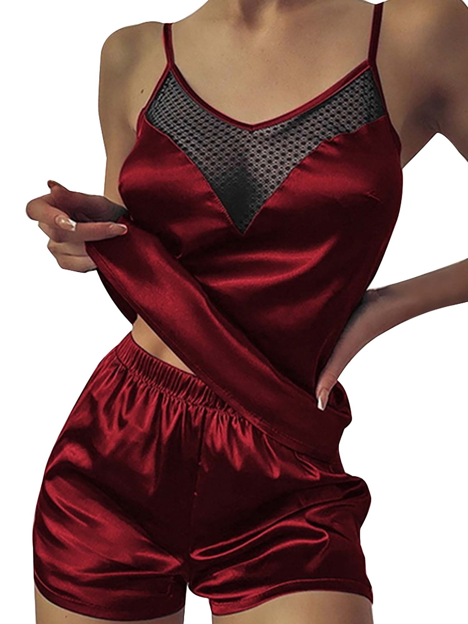 DYMADE Women Lace Splicing Sling Silk Backless Solid Color Pajama Suit ...