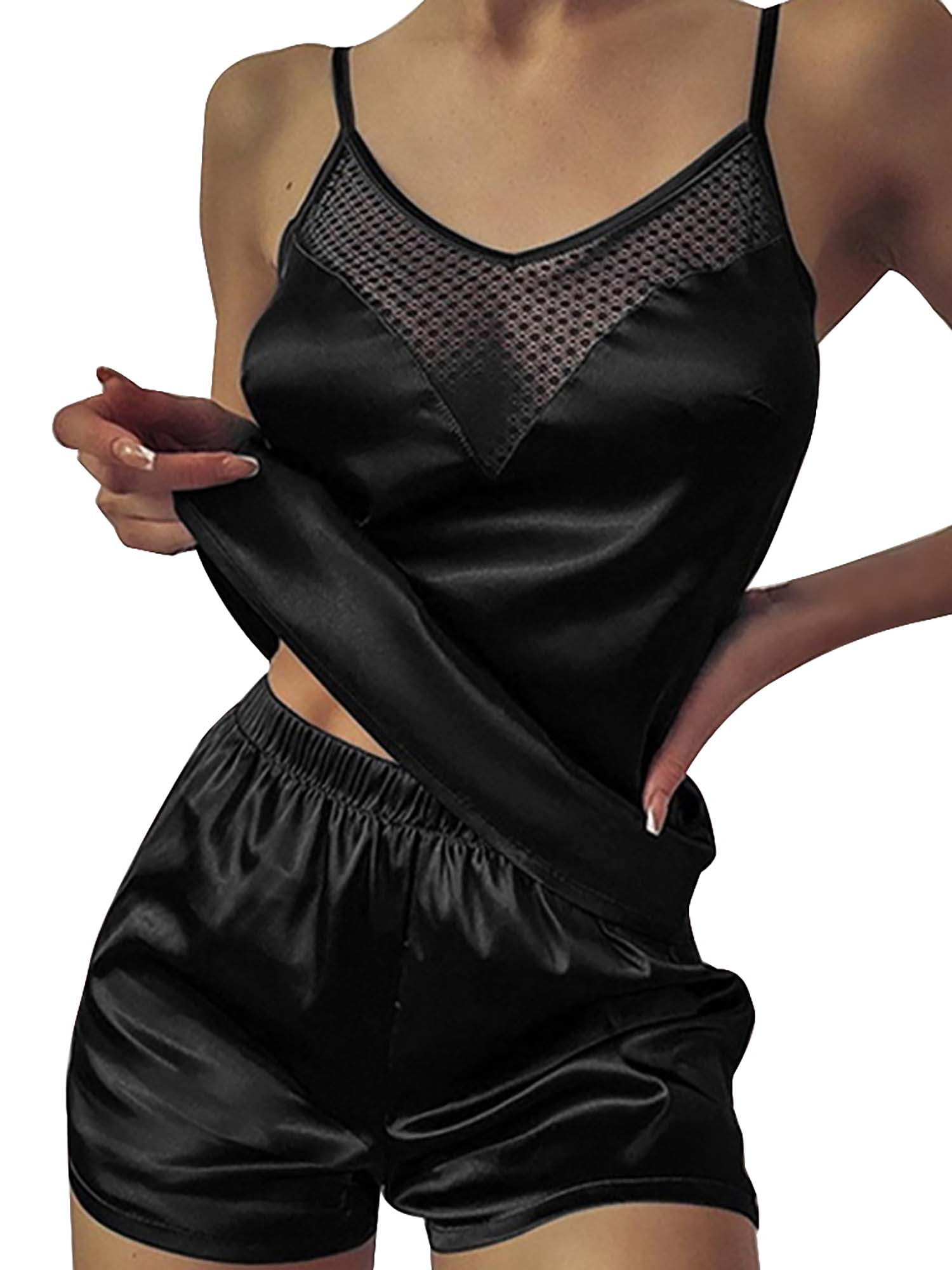 DYMADE Women Lace Splicing Sling Silk Backless Solid Color Pajama Suit ...