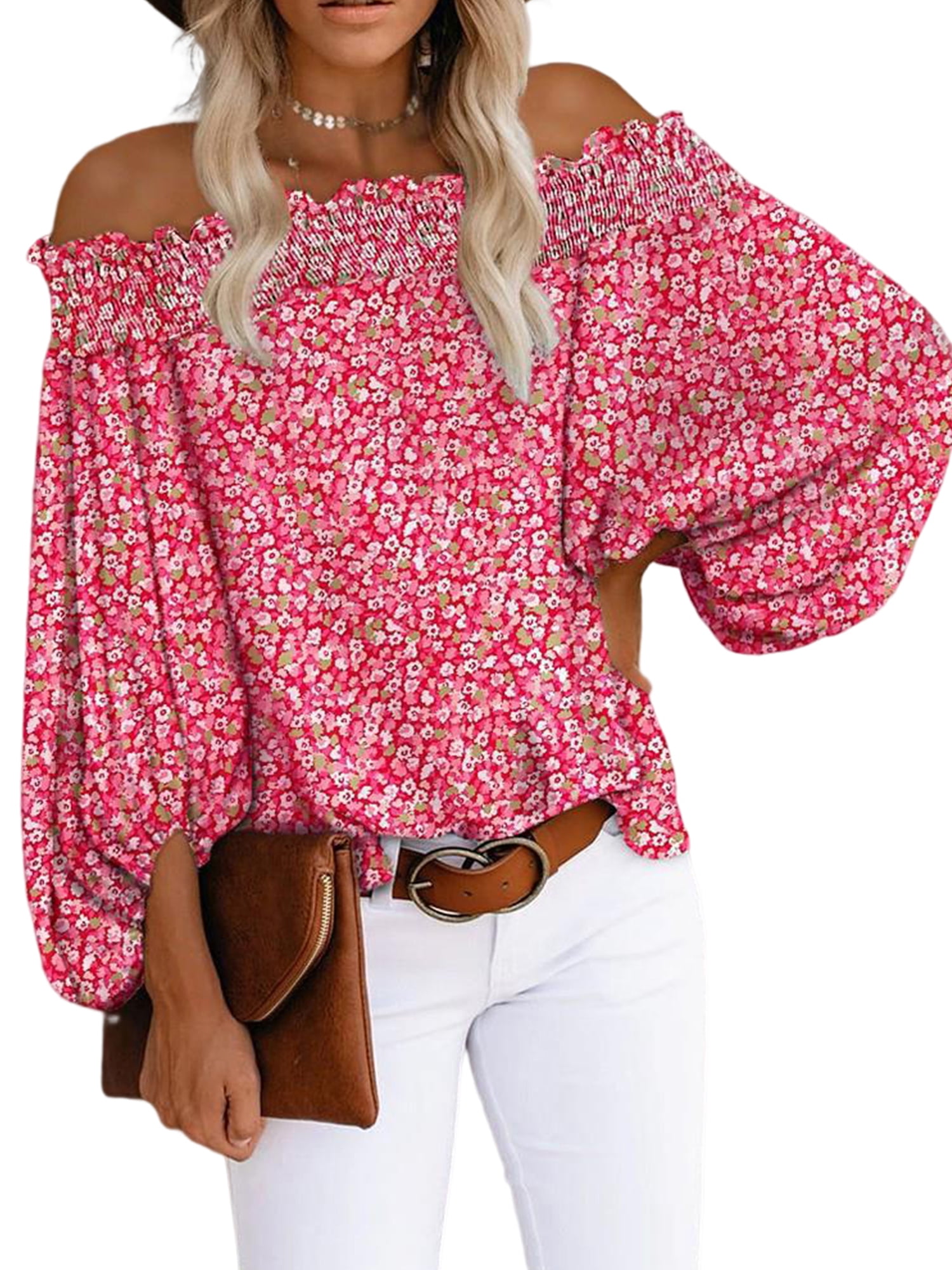DYMADE Women Off-The-Shoulder Puff-Sleeve Shirt Floral Pattern Blouse ...