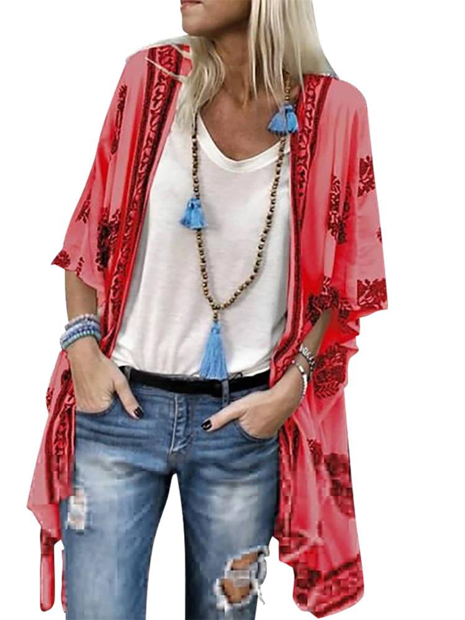 Dymade Women Open Front Boho Kimono Cardigan Coat Floral Beach Cover Up