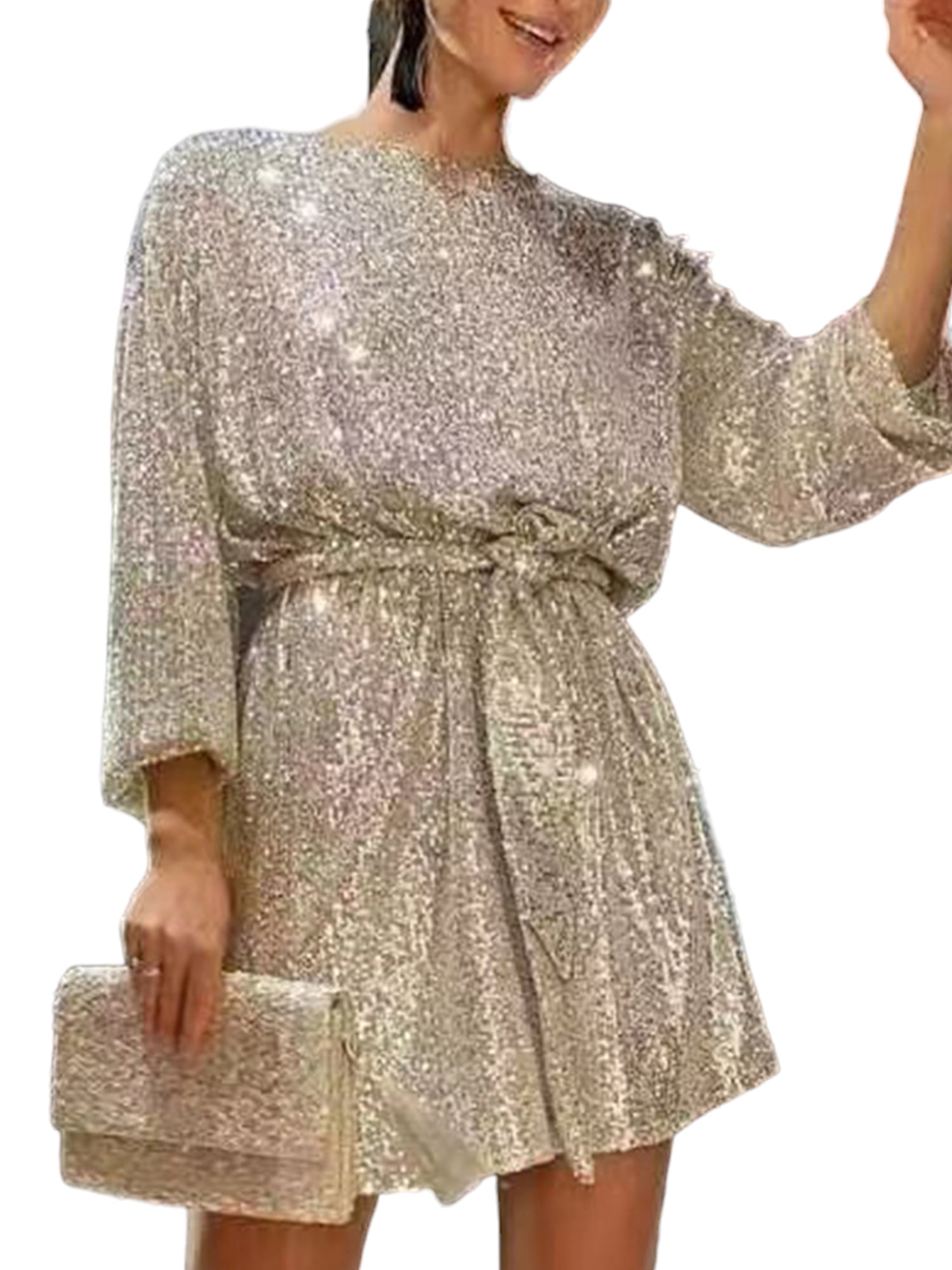 DYMADE Women Party Cocktail Ball Gown Sequins Round Neck Long Sleeve ...