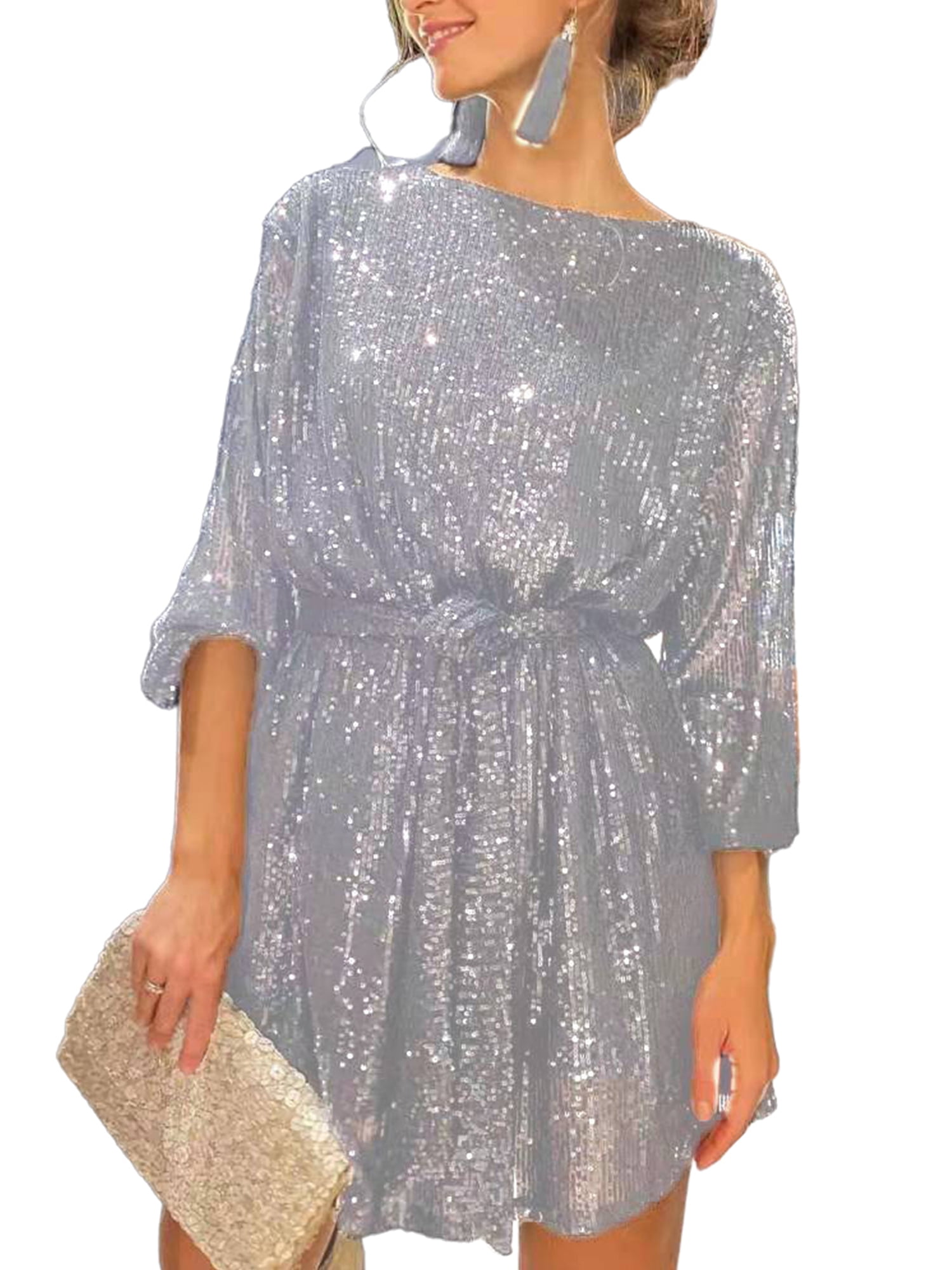 DYMADE Women Party Cocktail Ball Gown Sequins Round Neck Long Sleeve ...