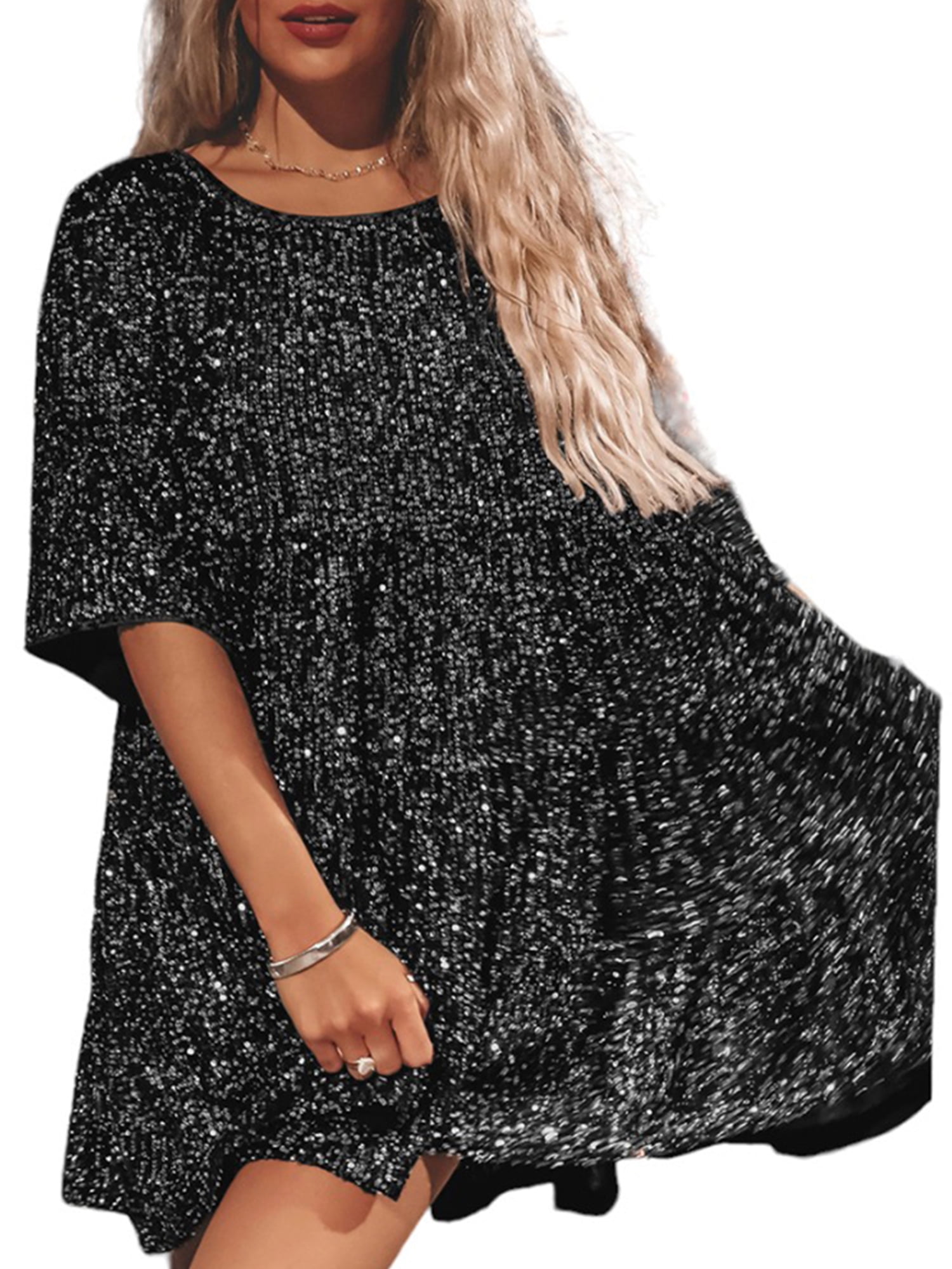 DYMADE Women Party Cocktail Ball Gown Sequins Solid Long Sleeve Round ...