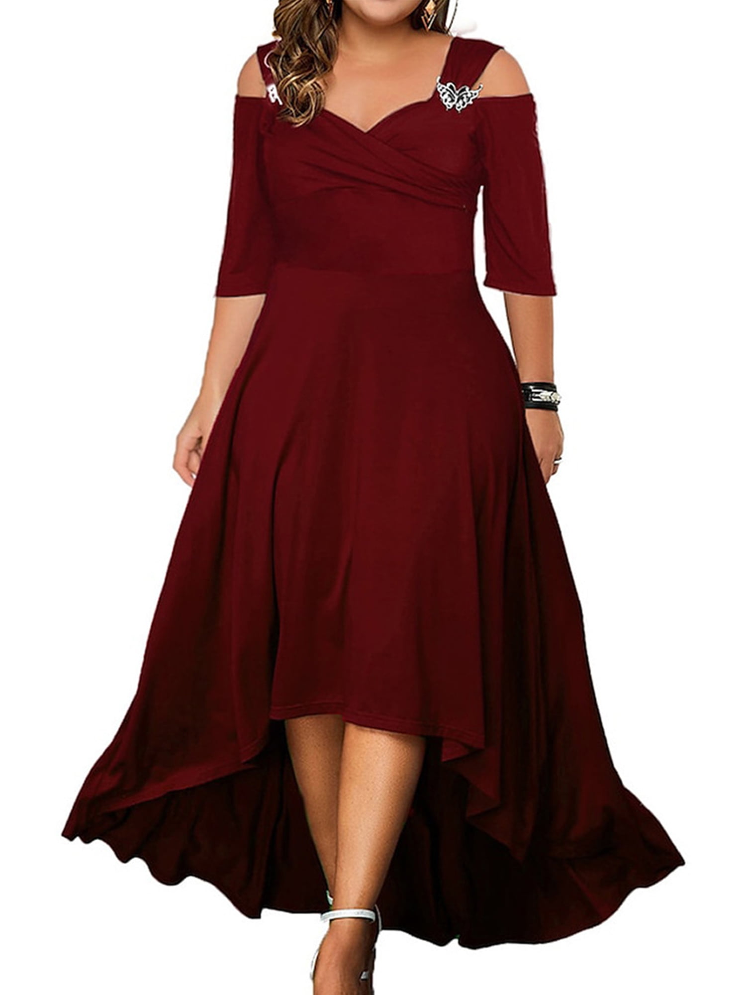 DYMADE Women Party Cocktail Ball Gown Spliced Cold Shoulder Half Sleeve ...