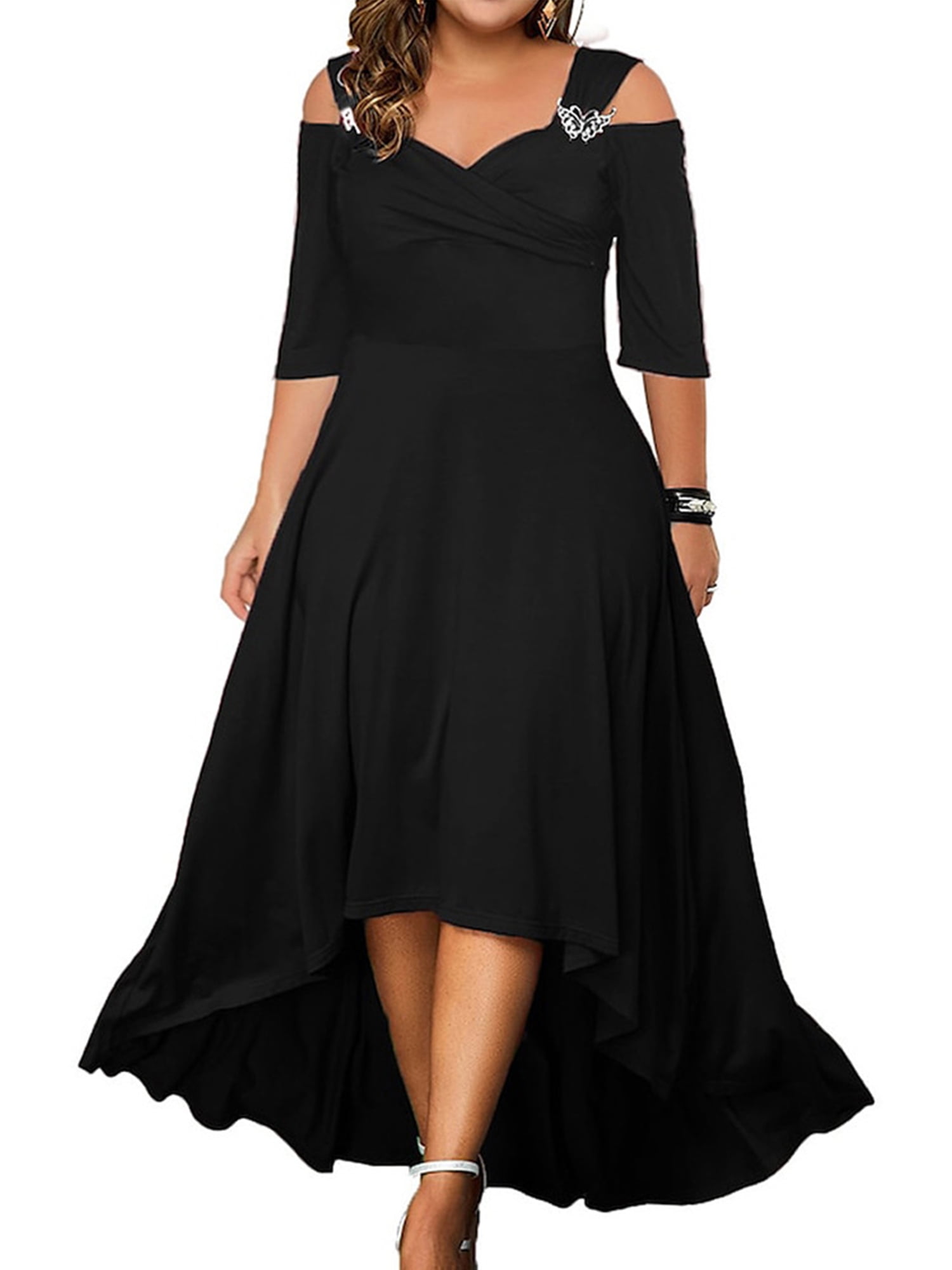 DYMADE Women Party Cocktail Ball Gown Spliced Cold Shoulder Half Sleeve ...