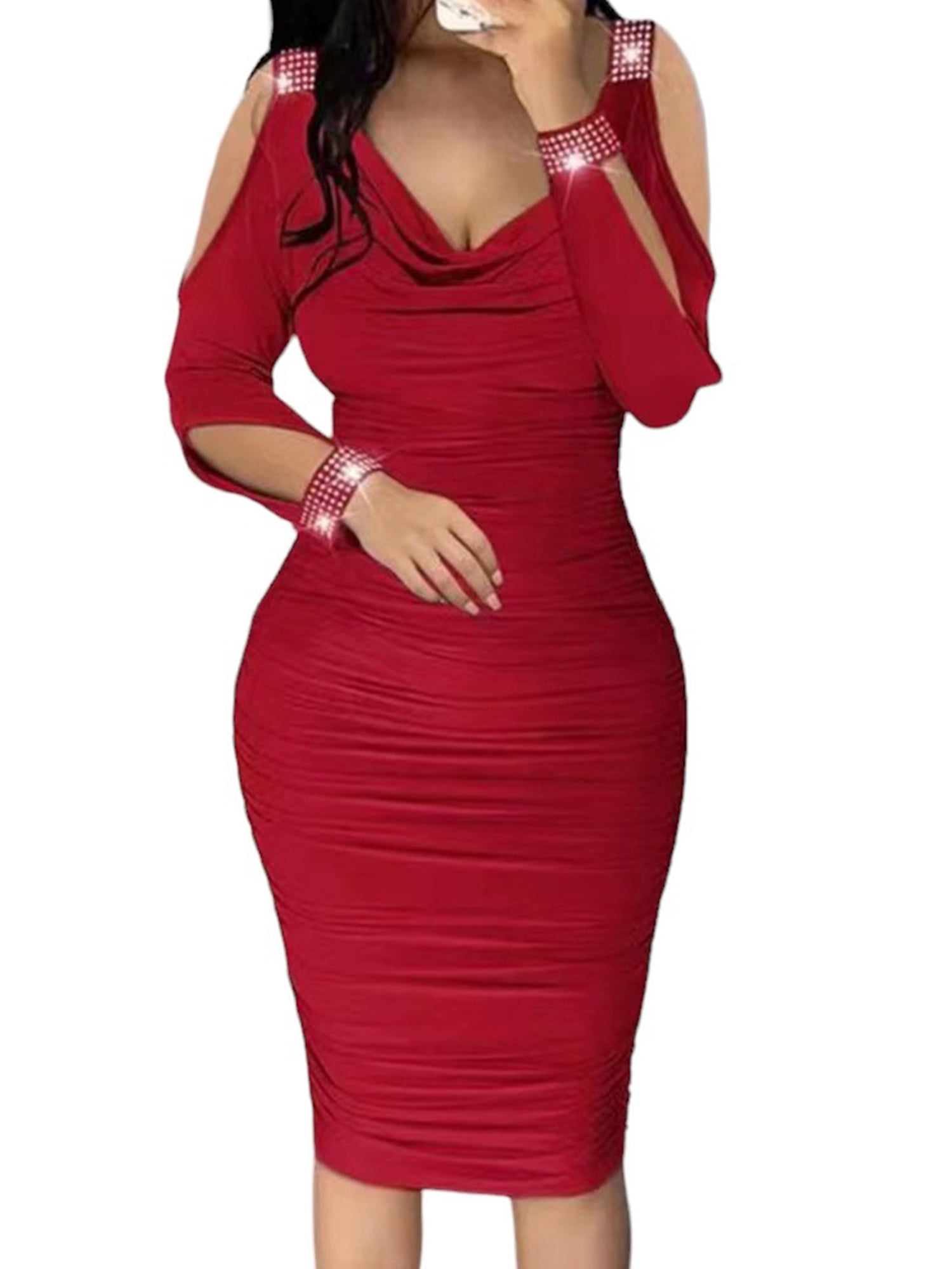 DYMADE Women Party Cocktail Formal Ball Gown Rhinestones Cold Shoulder Long Sleeve Bodycon ...