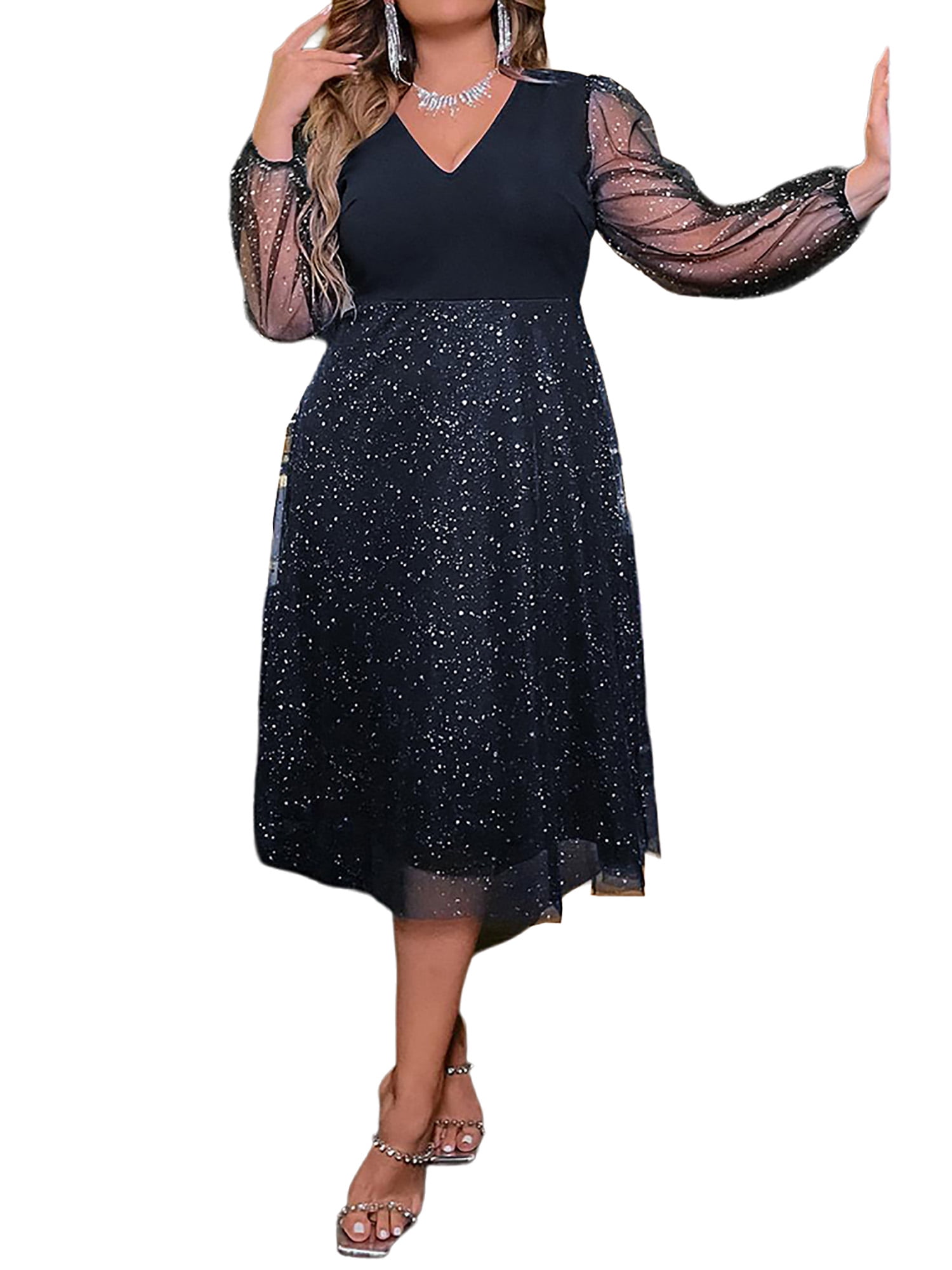 DYMADE Women Party Cocktail Formal Ball Gown Splicing Mesh Long Sleeve ...