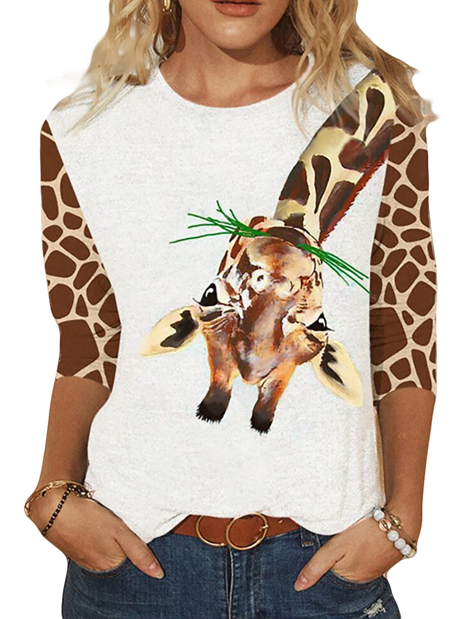 DYMADE Women Plus Size 3/4 Sleeve Animal Print Casual T-shirt Top ...