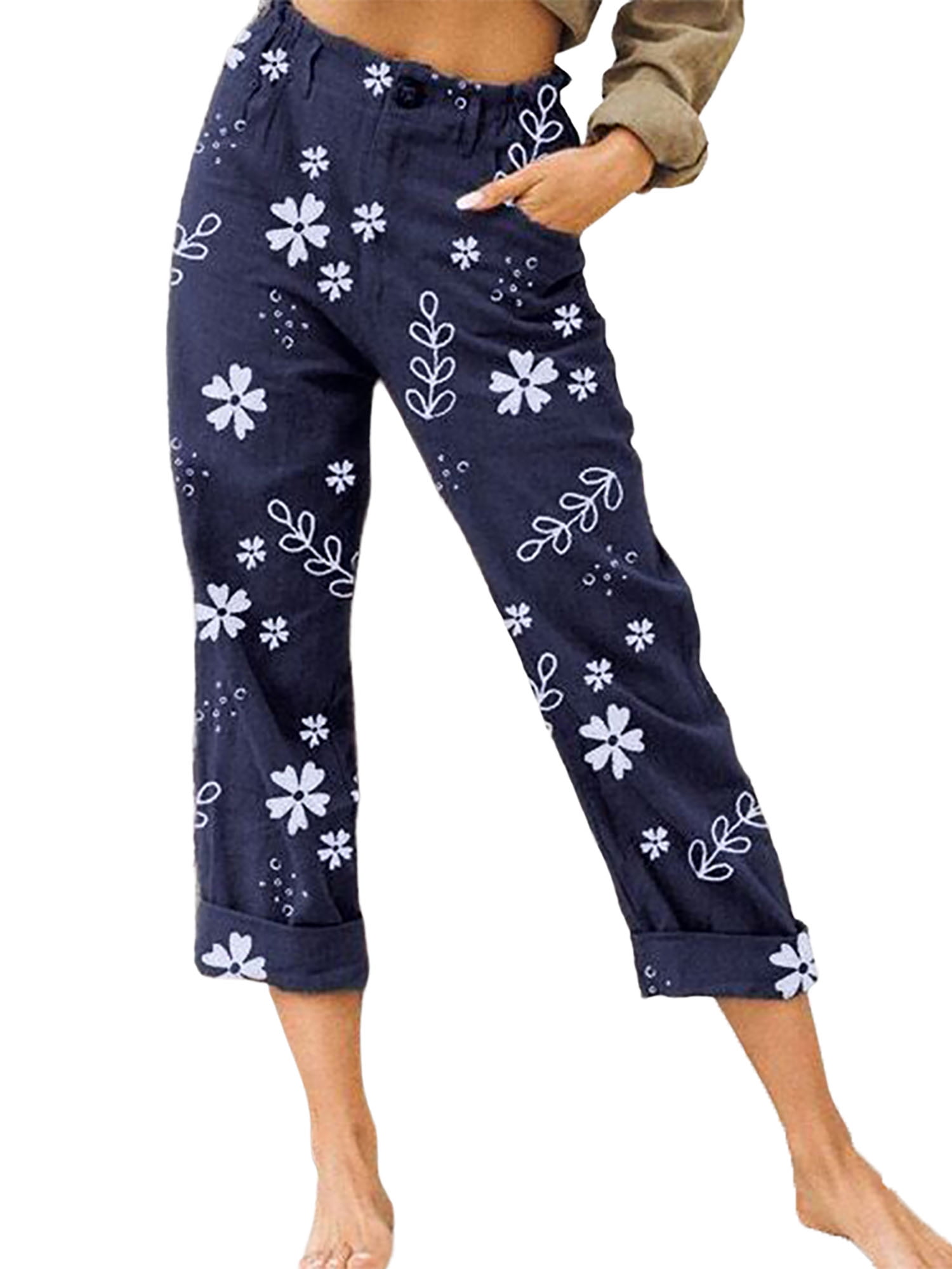 DYMADE Women Plus Size Printed Straight Casual Pants Loose Capris ...
