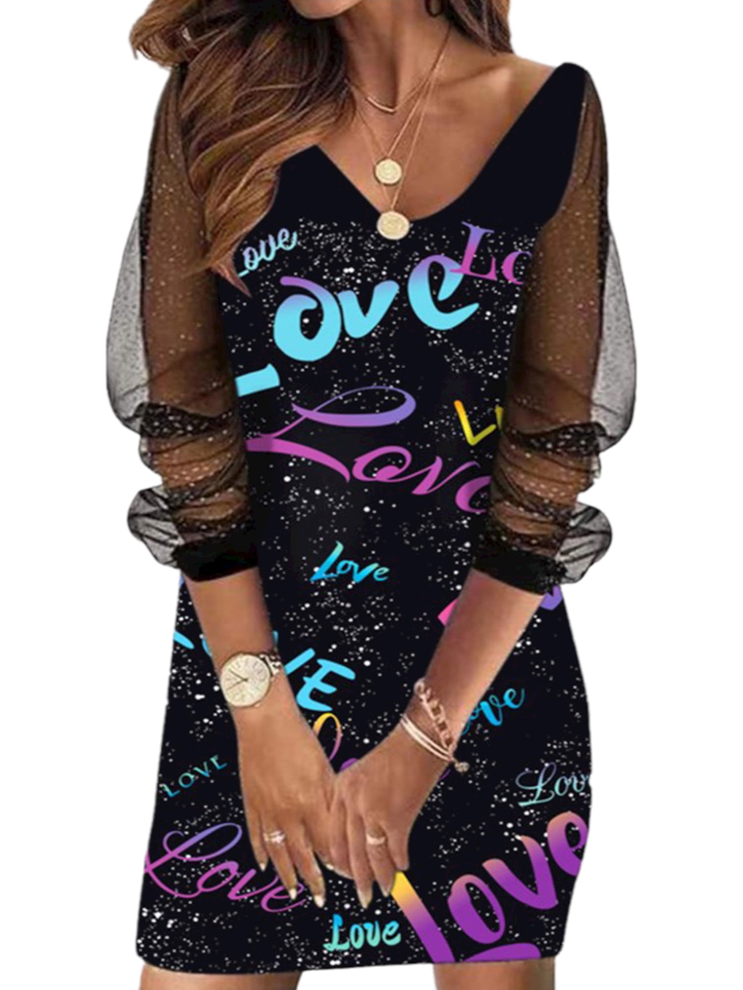 DYMADE Women Plus Size Sequins Perspective Mesh Strecth Elegant Dress ...