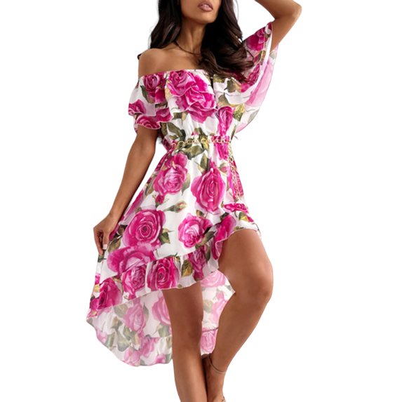 DYMADE Women Ruffle Slash Neck Hi-Low Hem Midi Skirt Summer Boho Beach ...