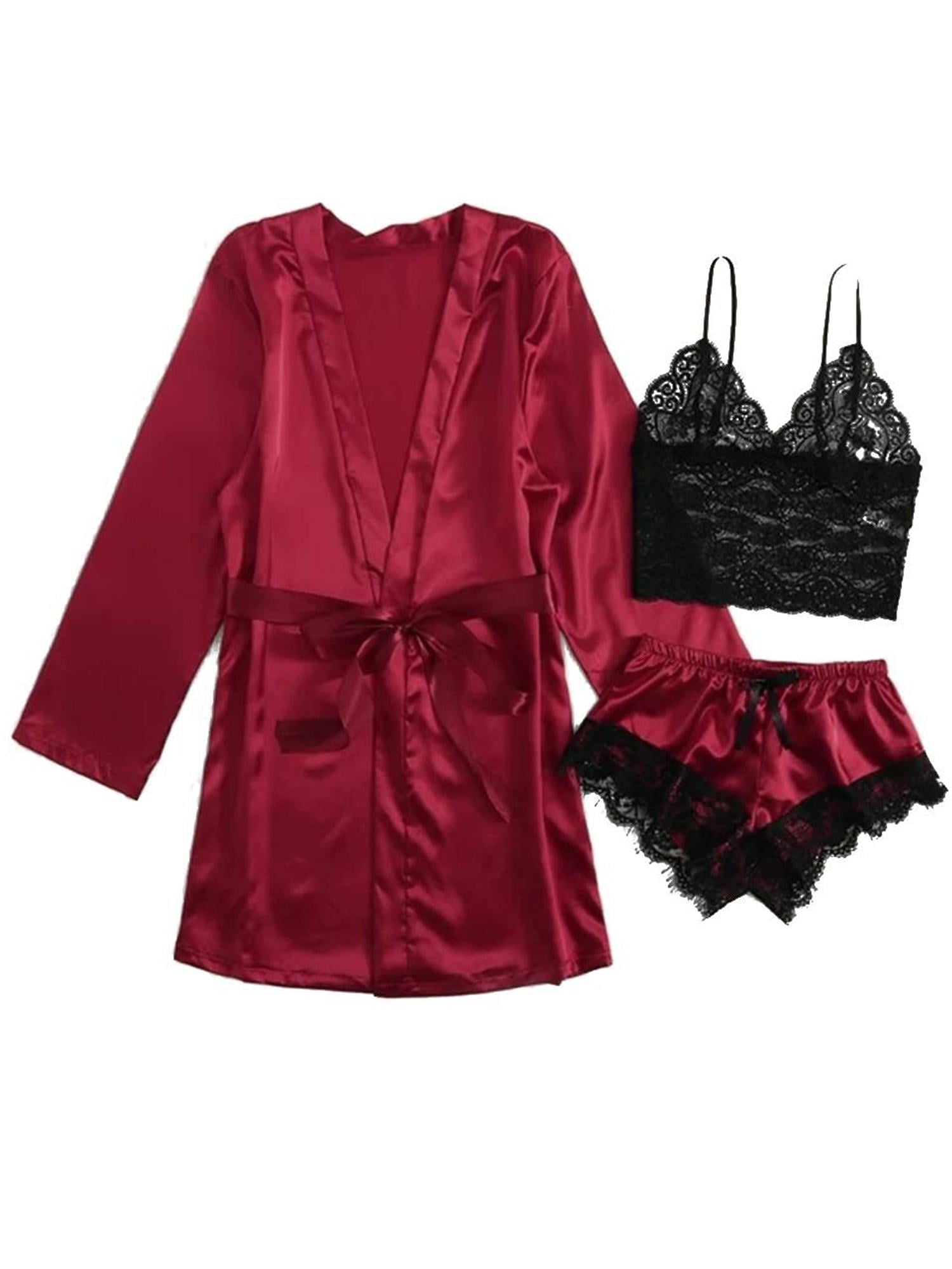 DYMADE Women Sexy Lingerie Satin Lace Bralette Bra Pants Robe Babydoll ...