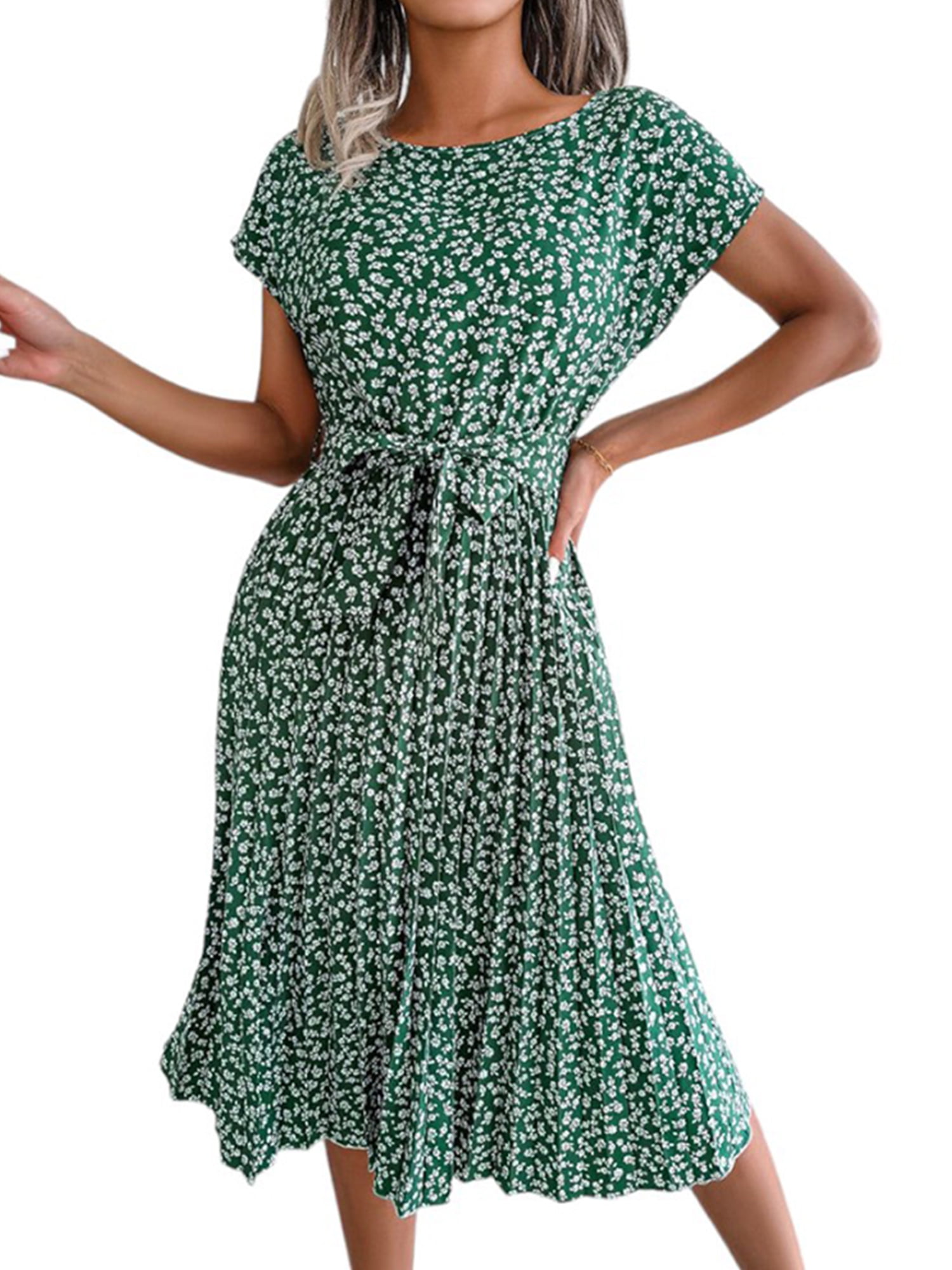 DYMADE Women Summer Floral Print Elastic Waist Short Sleeve Belted Midi ...