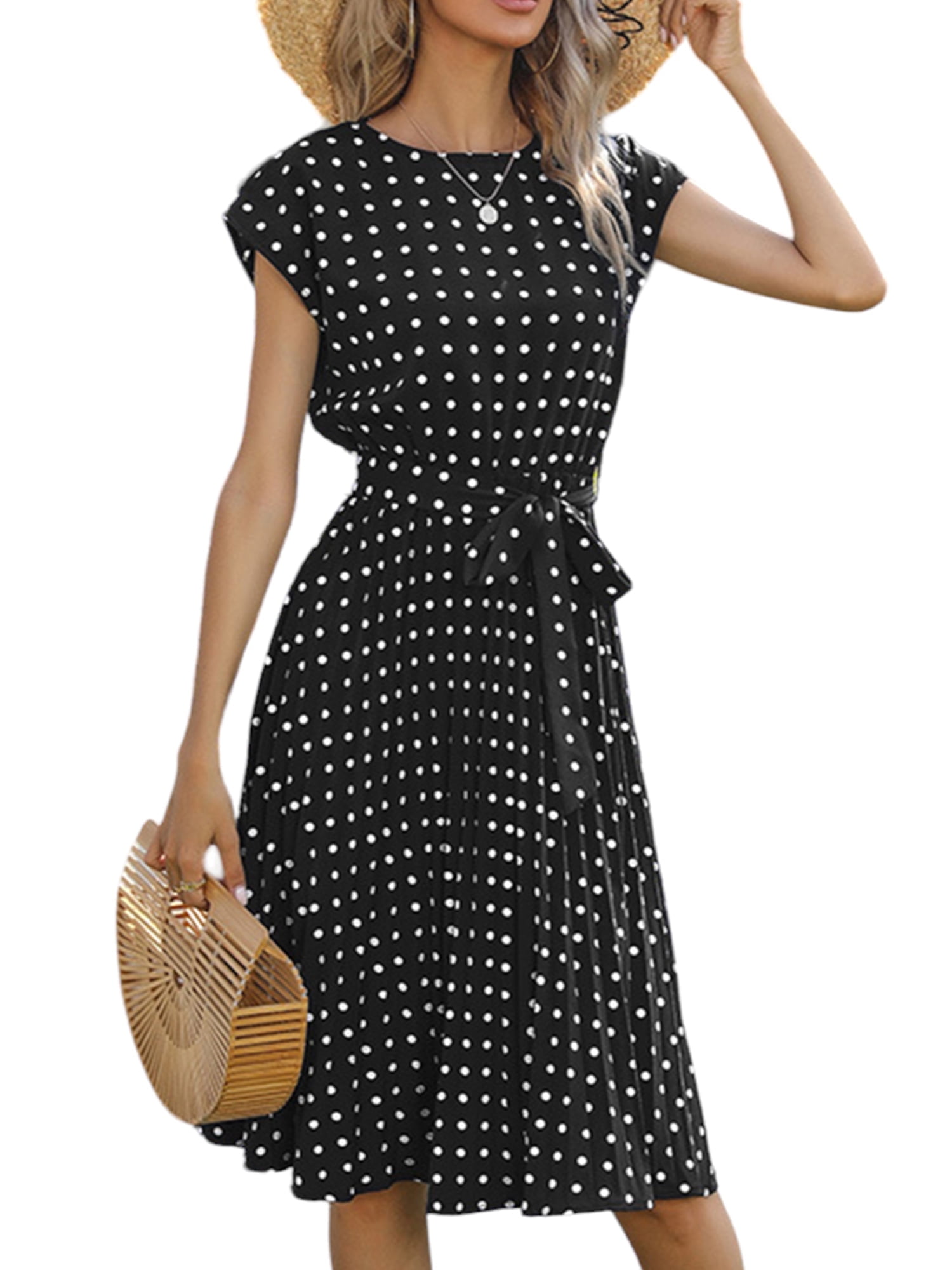 DYMADE Women Summer Floral Print Elastic Waist Short Sleeve Belted Midi ...