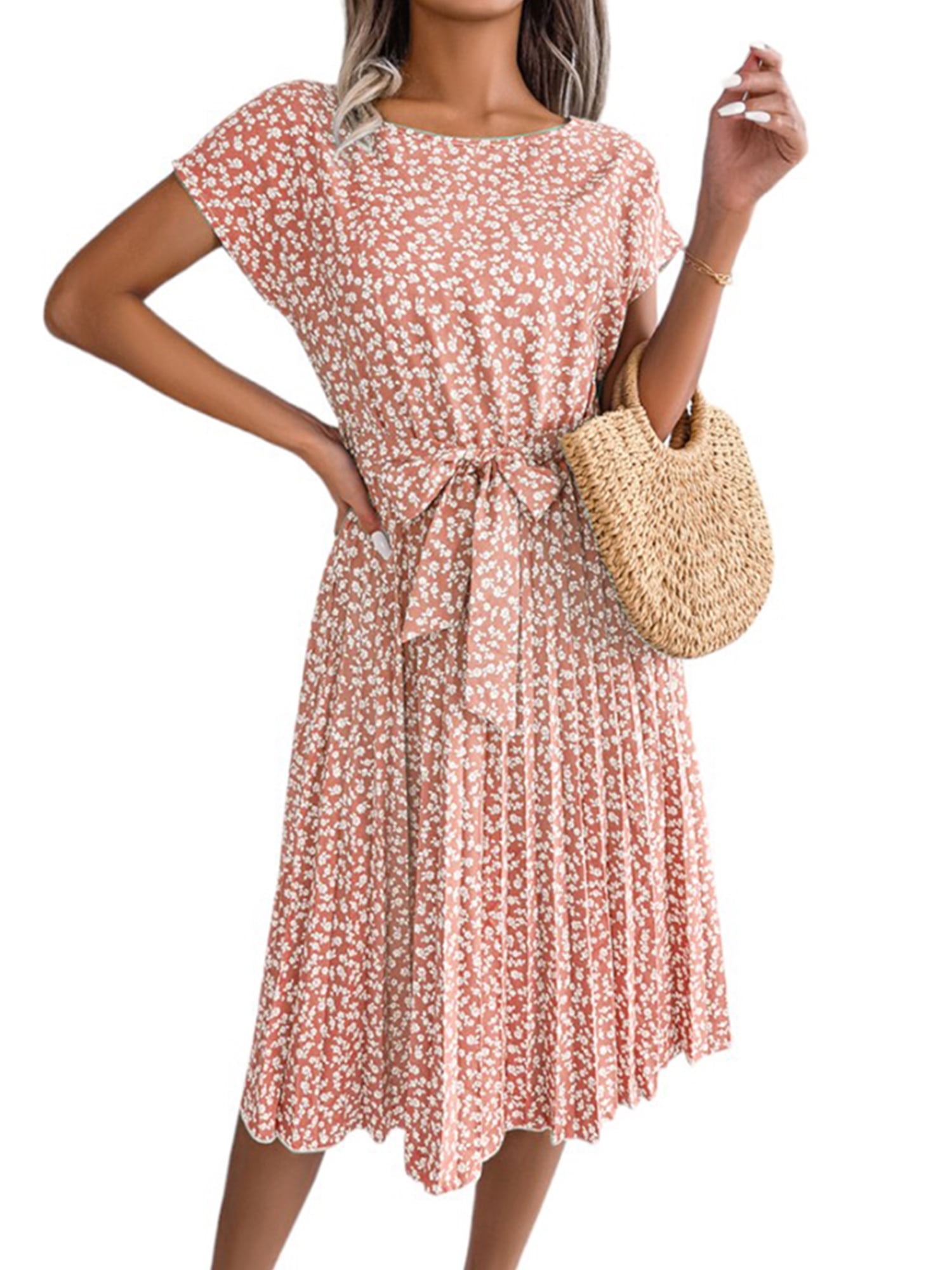 DYMADE Women Summer Floral Print Elastic Waist Short Sleeve Belted Midi ...