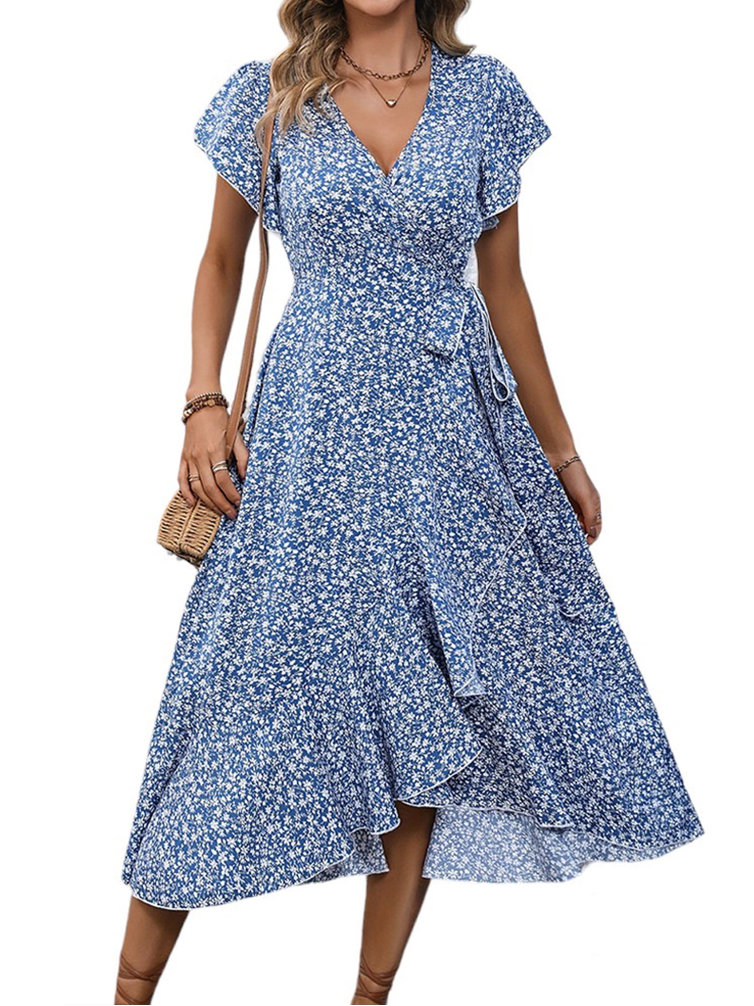 DYMADE Women Summer Floral Polka Dot Midi Dress, V-Neck, Short Sleeve ...