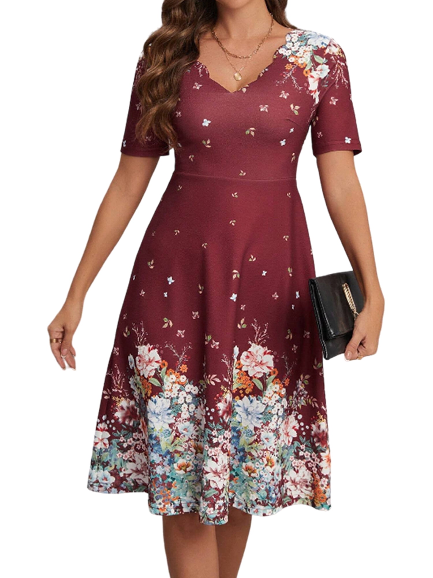 DYMADE Women Summer Floral Print V-Neck Short Sleeve Flared Fit Midi ...